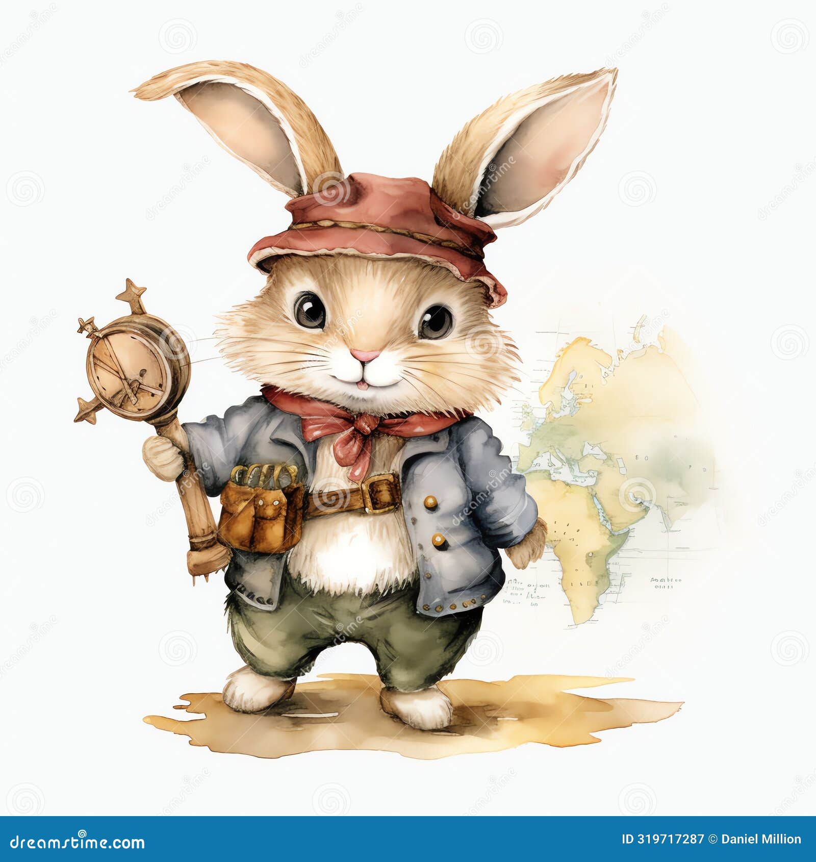 Cute Bunny with Pirate Map Watercolor Illustration Stock Illustration ...