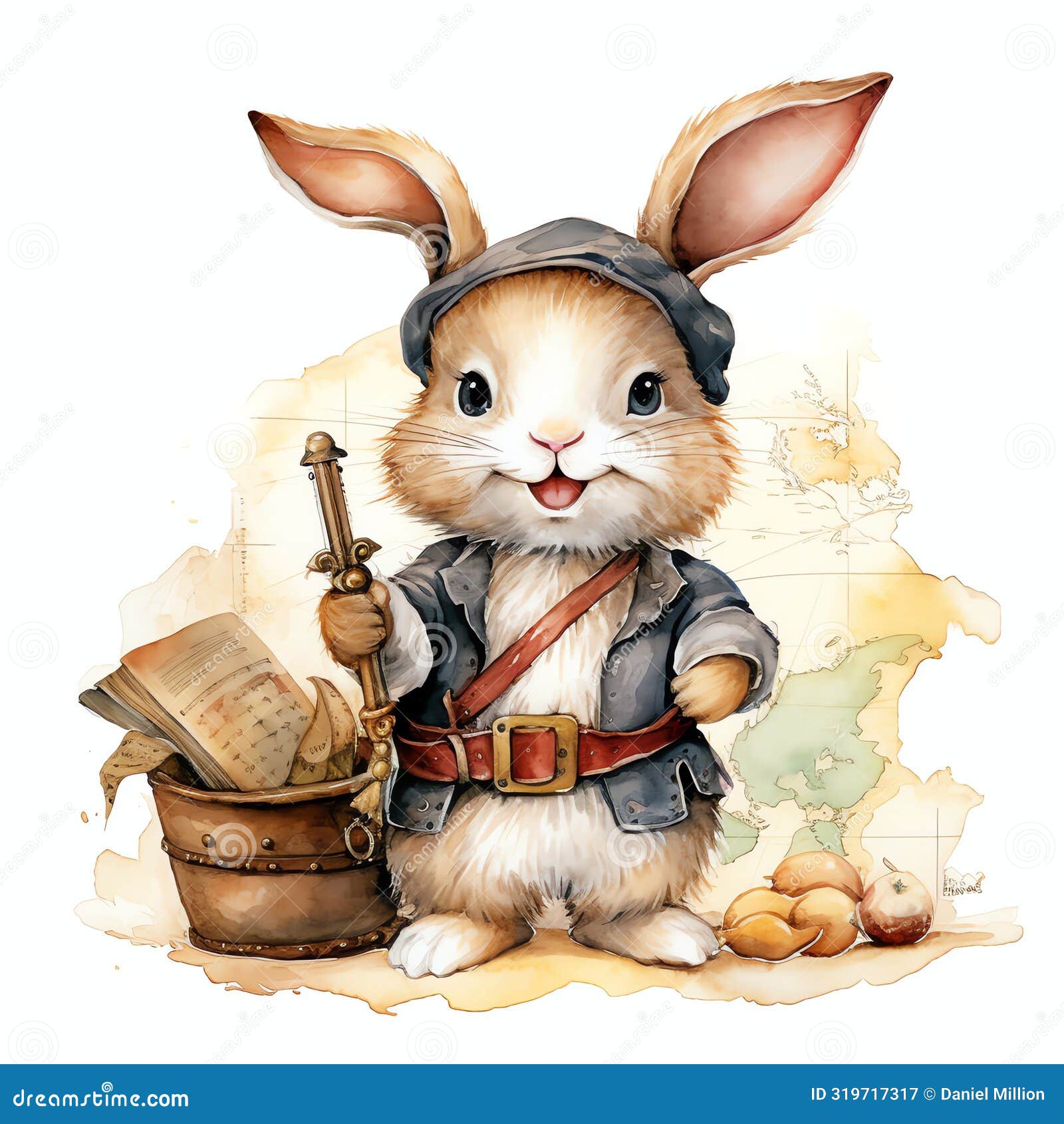 Cute Bunny with Pirate Map Watercolor Illustration Stock Illustration ...