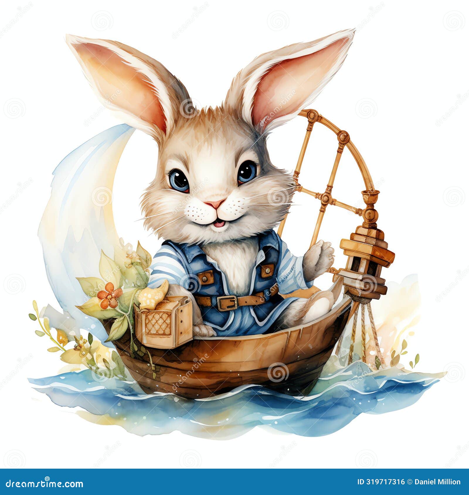 Cute Bunny with Pirate Ship Watercolor Illustration Stock Illustration ...