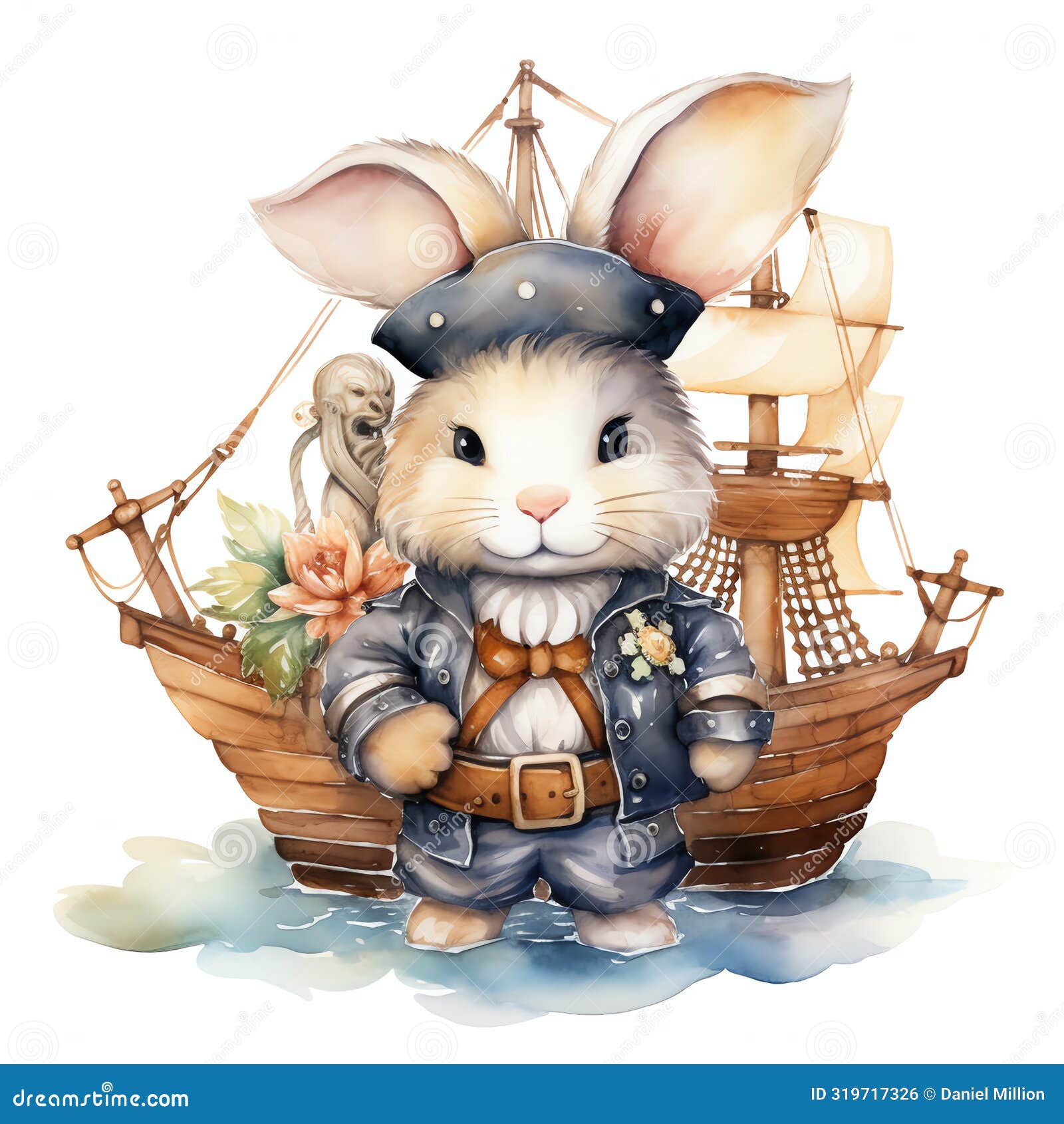 Cute Bunny with Pirate Ship Watercolor Illustration Stock Illustration ...