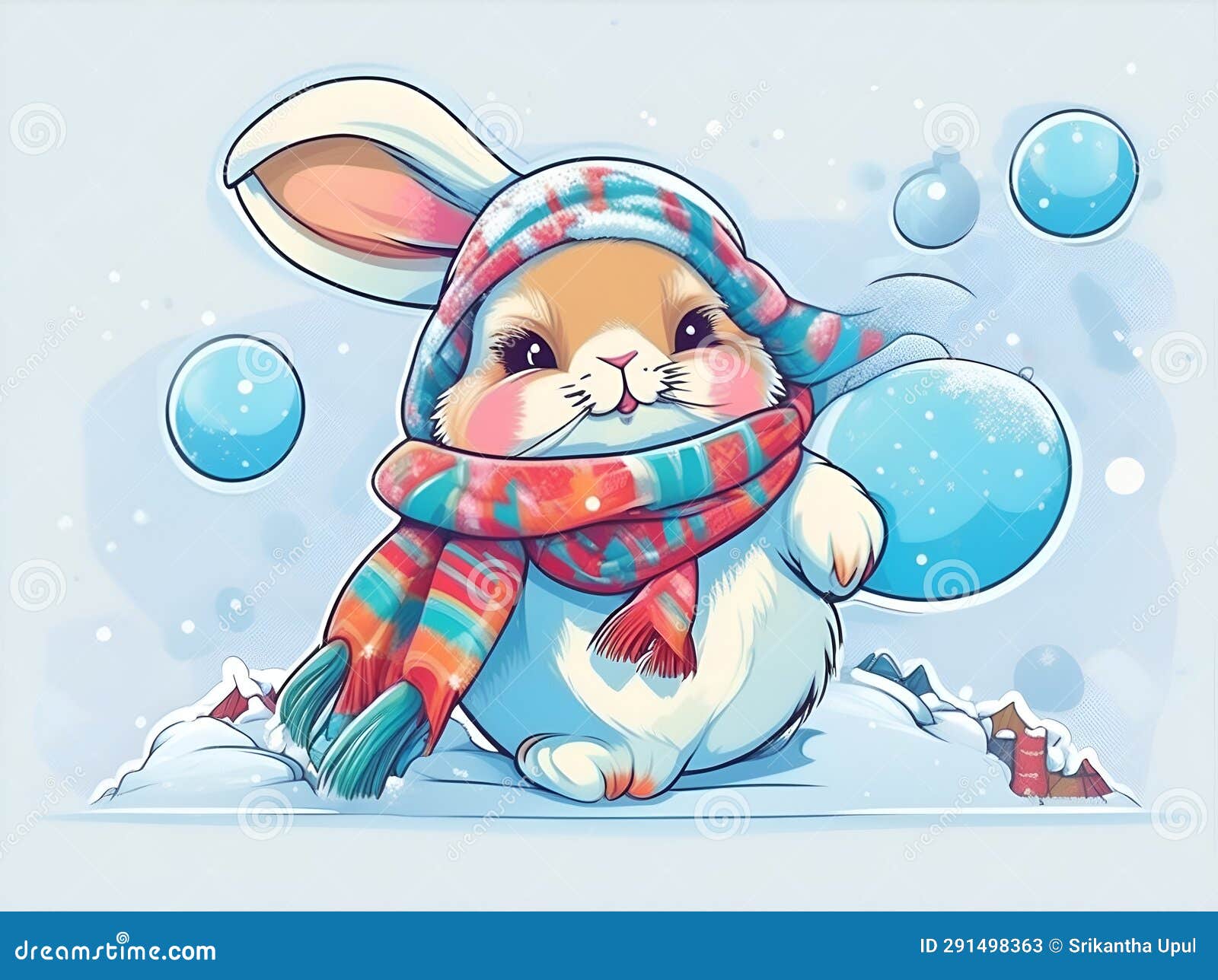 Cute Bunny Playing with a Snow Balls Stock Illustration - Illustration ...