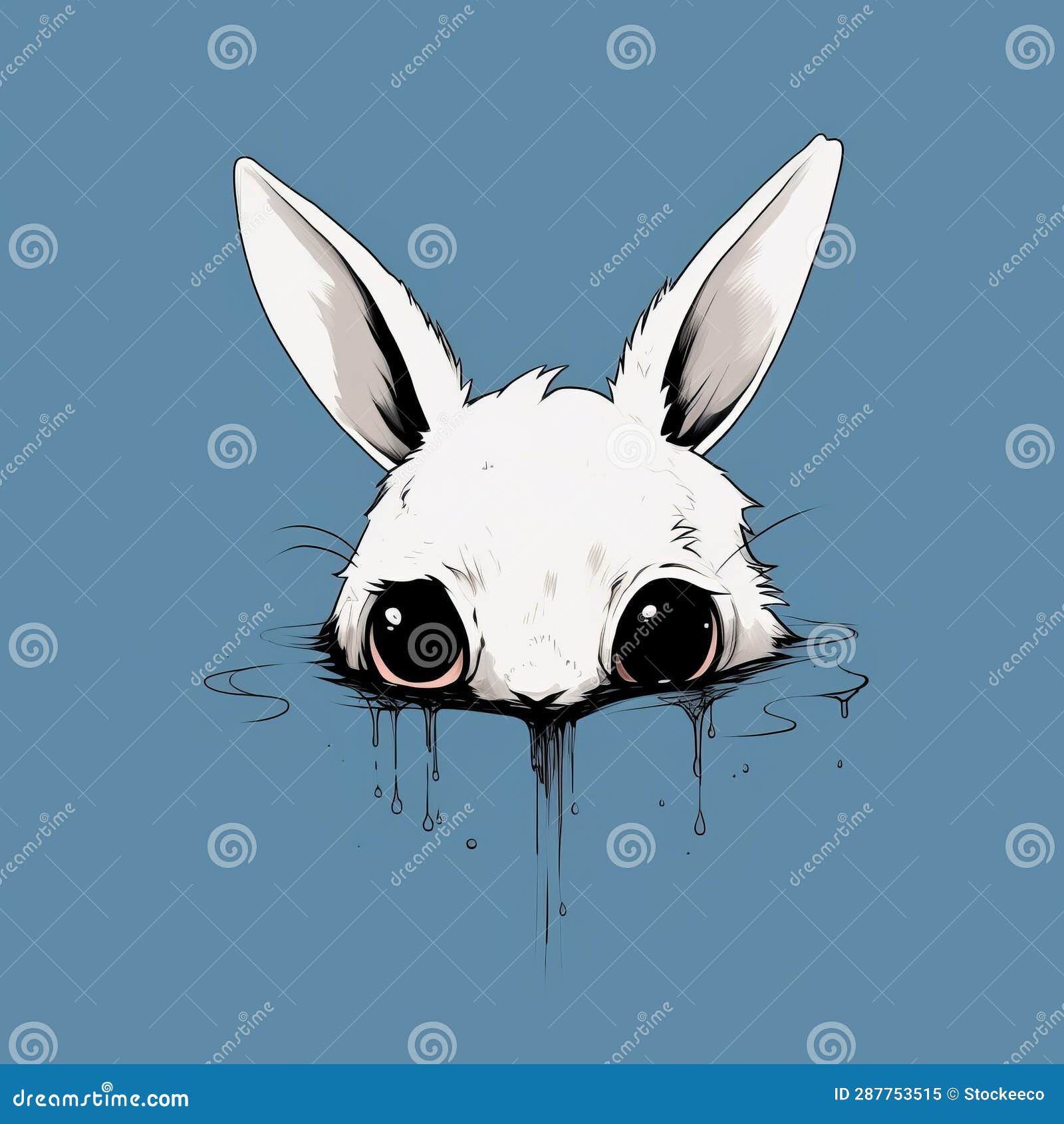 Minimalist Rabbit Drawing with Dripping Paint: Dark White and Sky-blue ...
