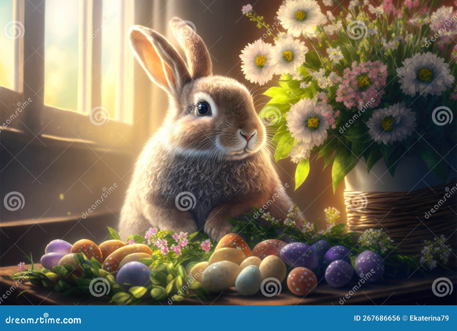 A Cute Bunny Rabbit, Easter Eggs and a Bouquet of Spring Flowers on the ...