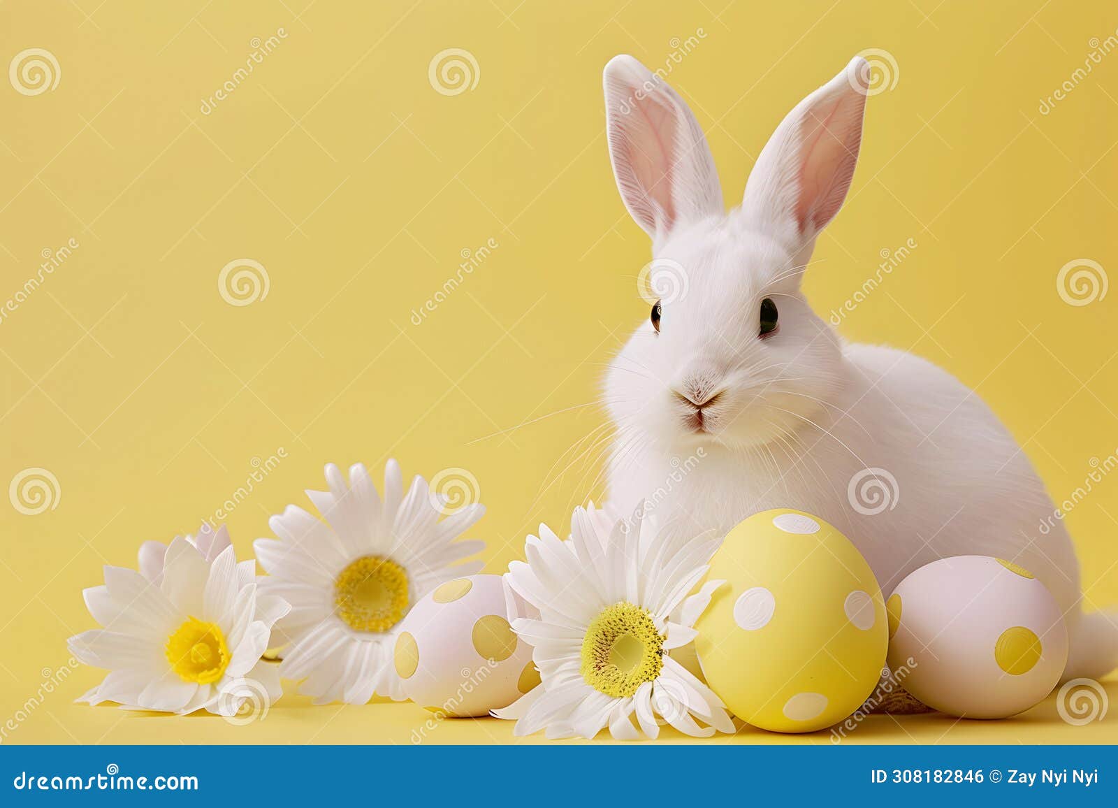 Cute Bunny Rabbit, Easter Eggs and Flowers. Concept of Happy Easter Day ...