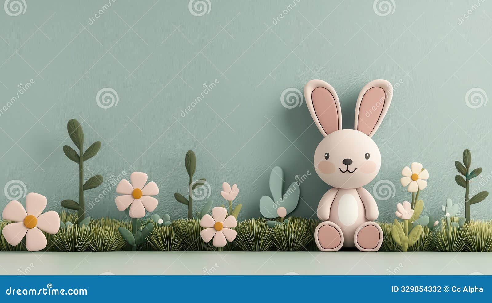 Cute Bunny Rabbit Sitting in a Field of Flowers on a Green Background ...