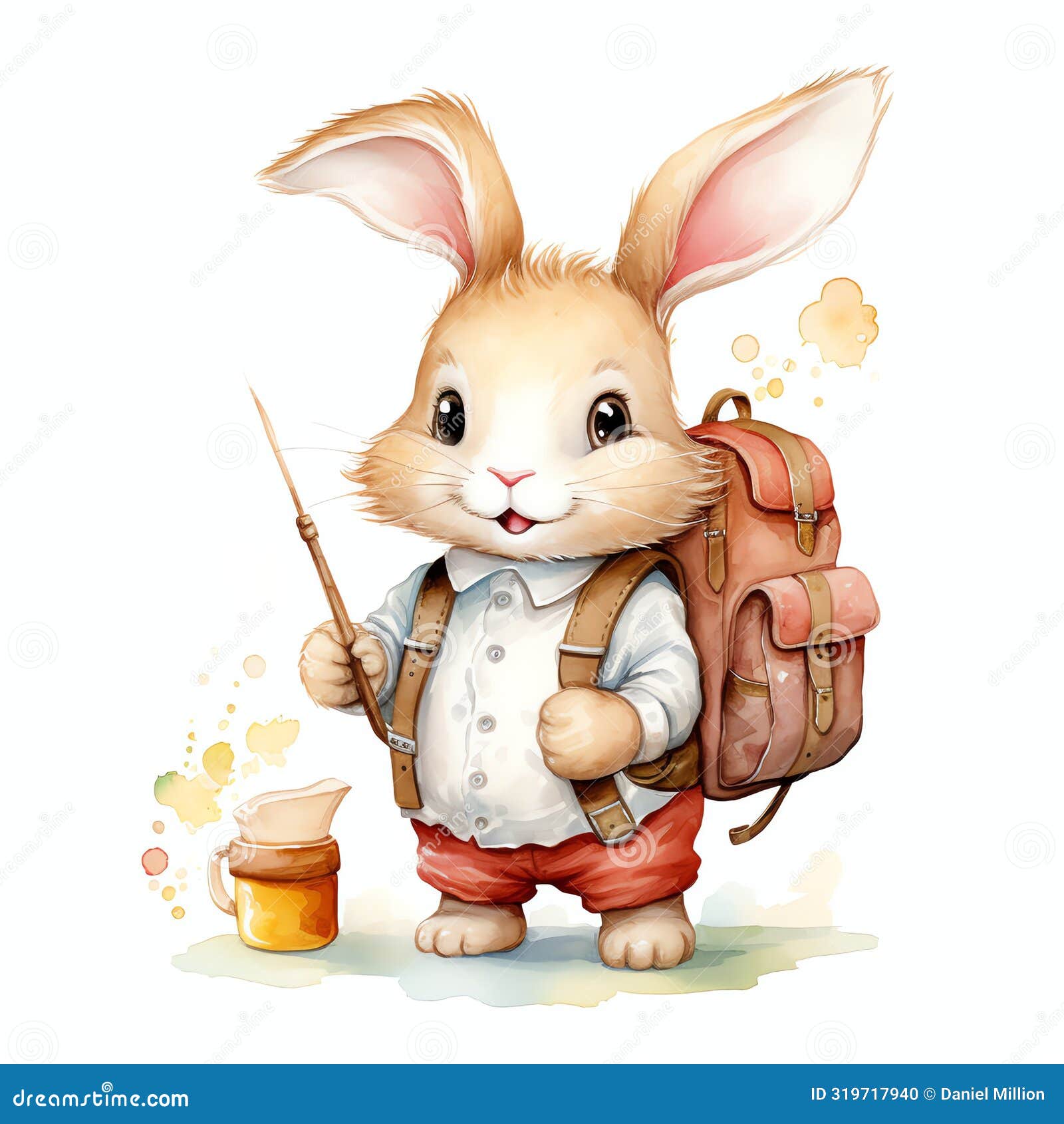 Cute Bunny with School Backpack Watercolor Illustration Stock ...