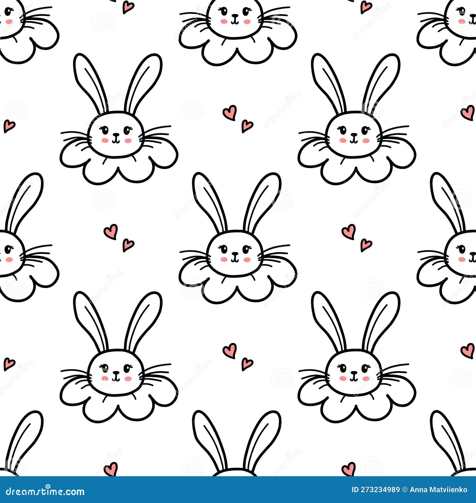 Cute Bunny Seamless Pattern. Hand Drawn Doodle Rabbit Face and Hearts ...