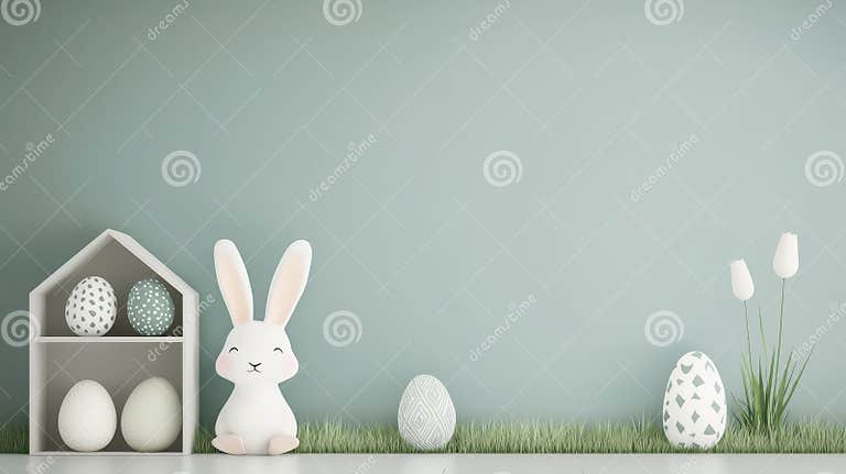 Cute Bunny Sits in Cozy Nook with Patterned Easter Eggs and Flowers ...