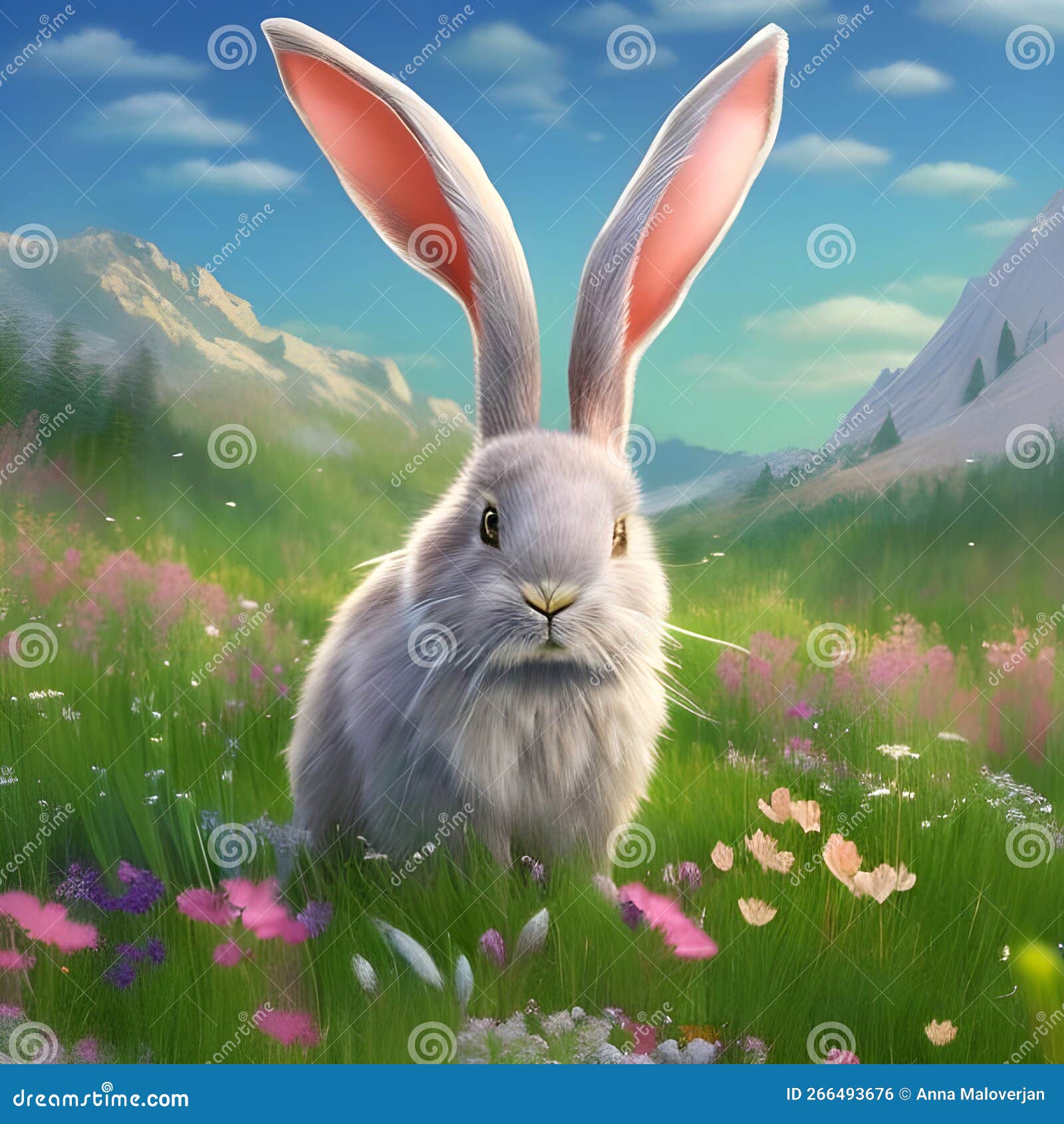 Cute Bunny Sitting in a Flower Meadow Stock Illustration - Illustration ...