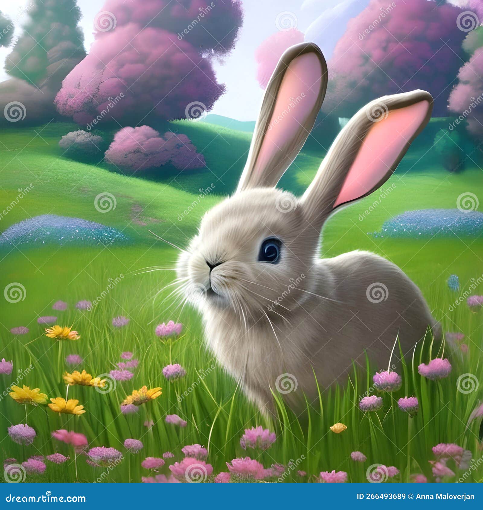 Cute Bunny Sitting in a Flower Meadow Stock Illustration - Illustration ...