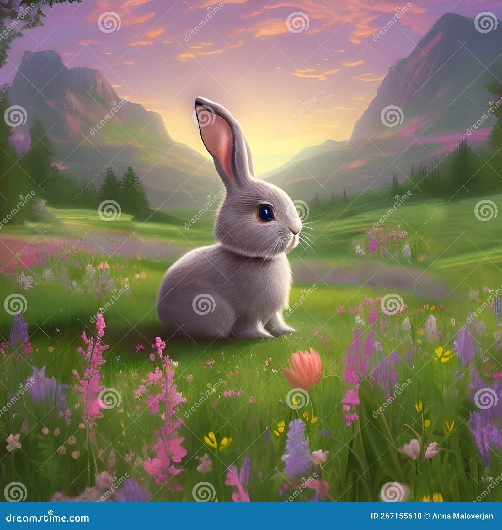 Cute Bunny Sitting in a Flower Meadow Stock Illustration - Illustration ...