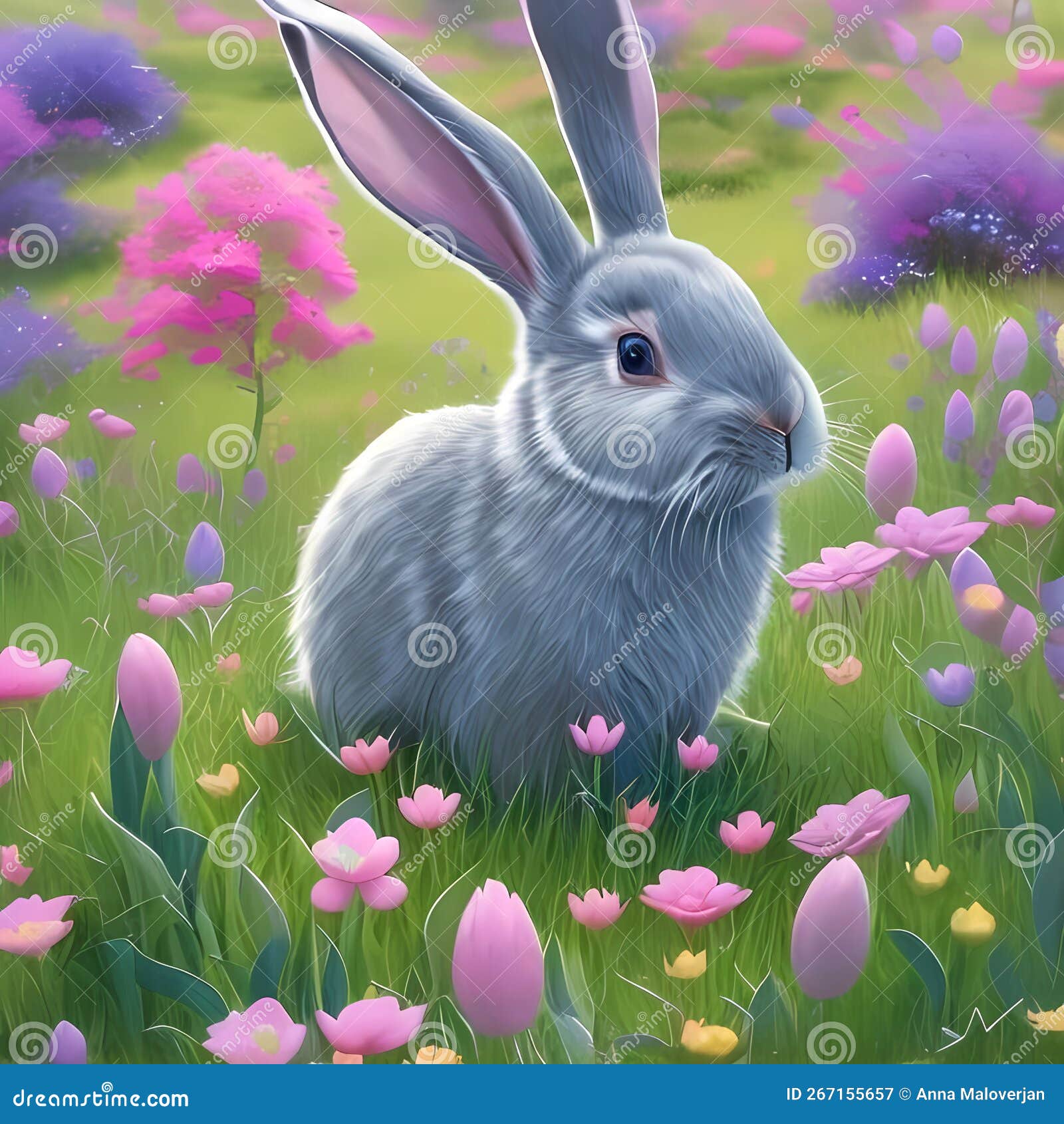 Cute Bunny Sitting in a Flower Meadow Stock Illustration - Illustration ...