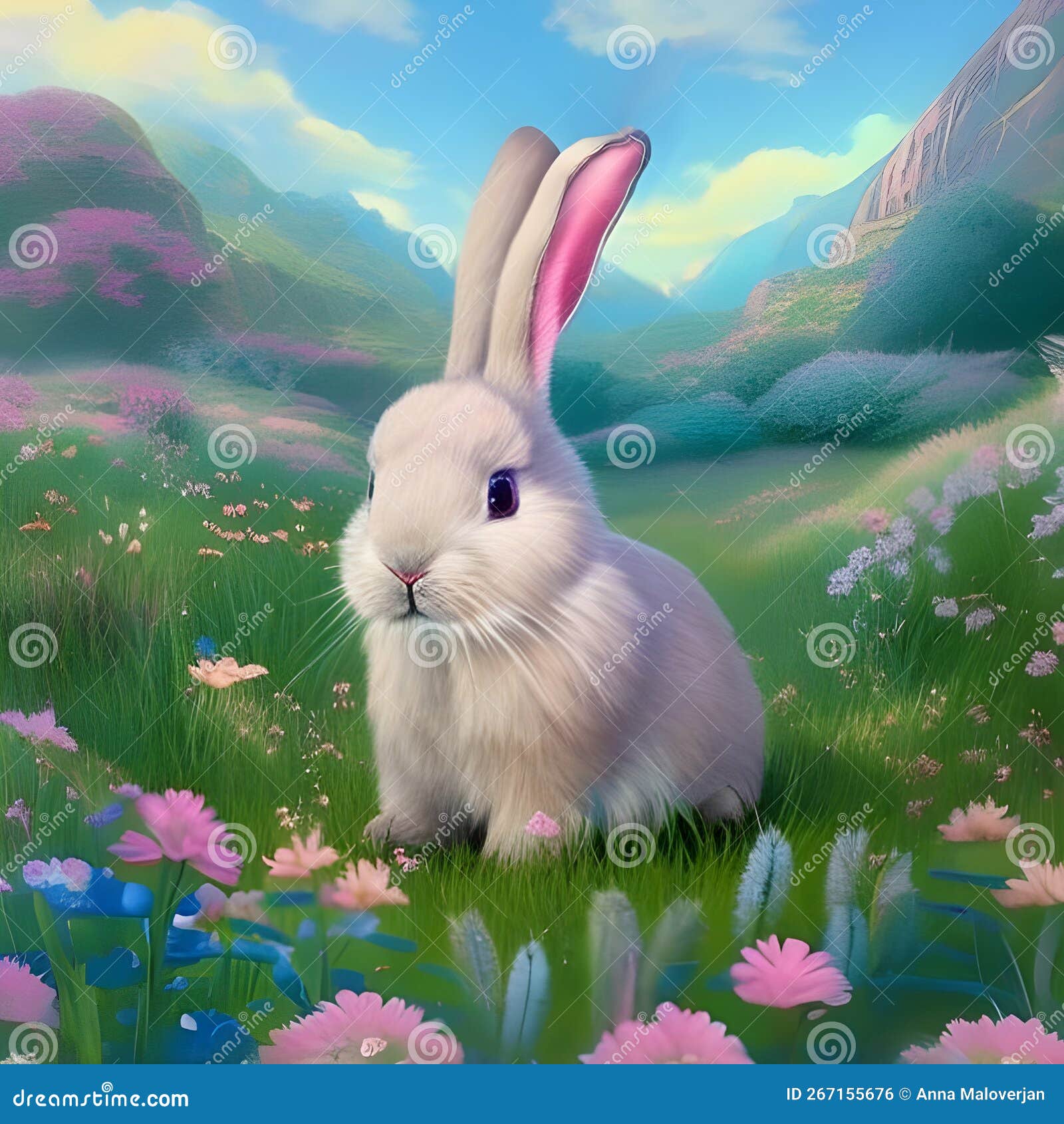 Cute Bunny Sitting in a Flower Meadow Stock Photo - Image of flower ...
