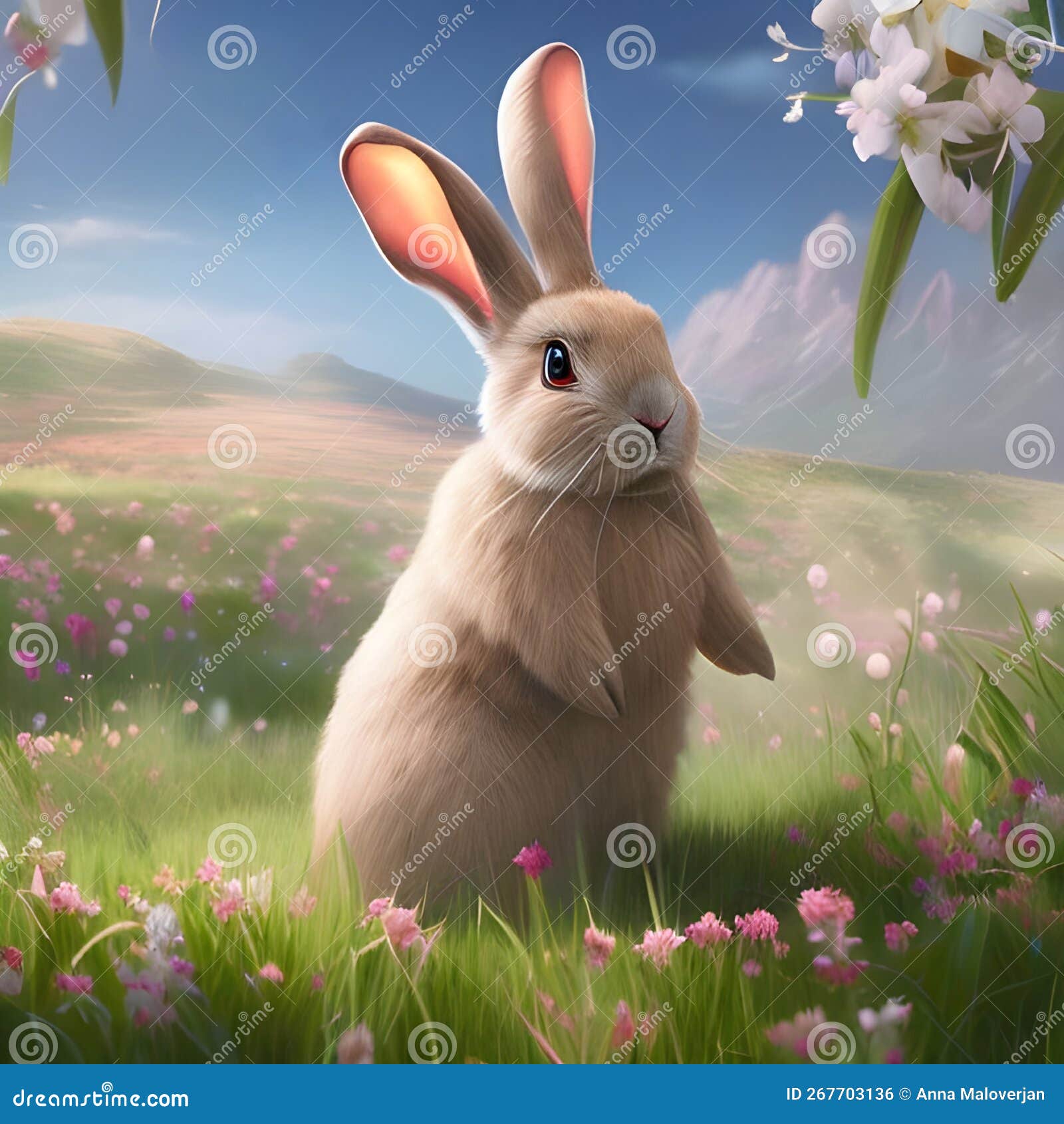 Cute Bunny Sitting in a Flower Meadow Stock Illustration - Illustration ...