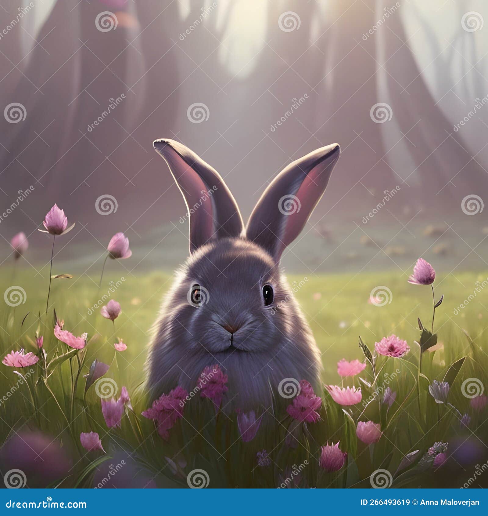 Cute Bunny Sitting in a Pink Flower Meadow Stock Illustration ...