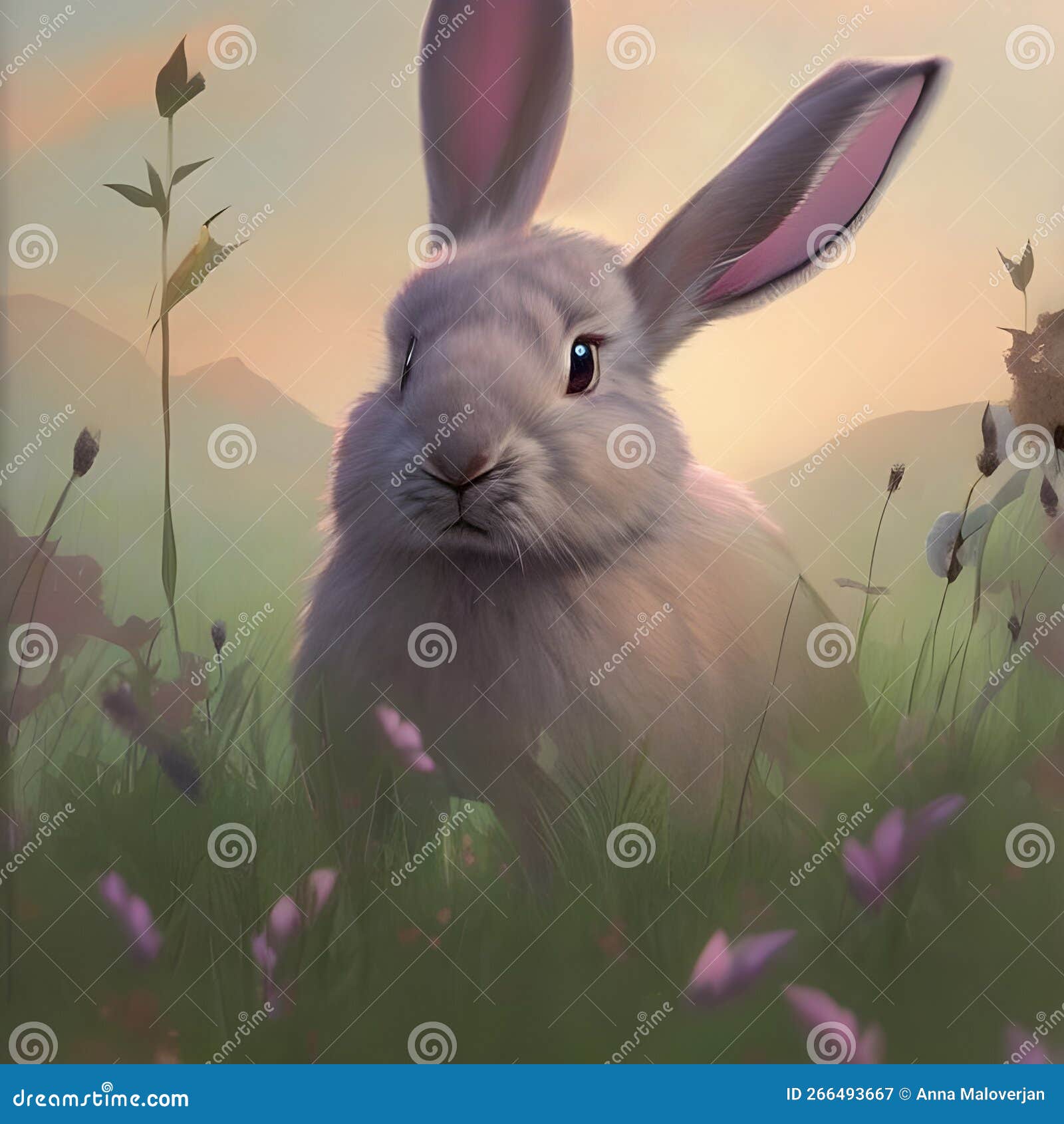 Cute Bunny Sitting in a Pink Flower Meadow Stock Illustration ...