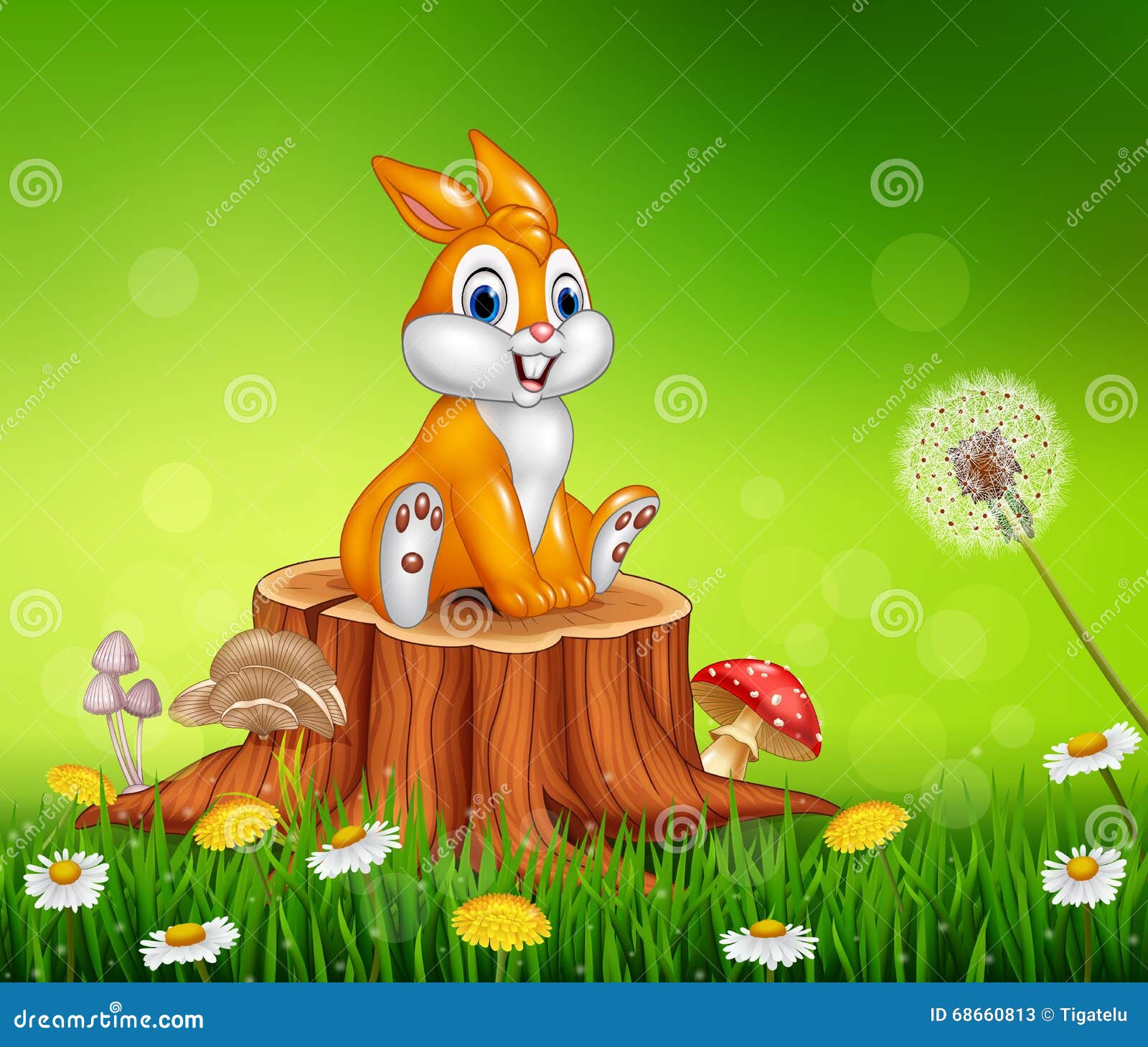 Cute Bunny Sitting on Tree Stump Grass Background Stock Vector ...