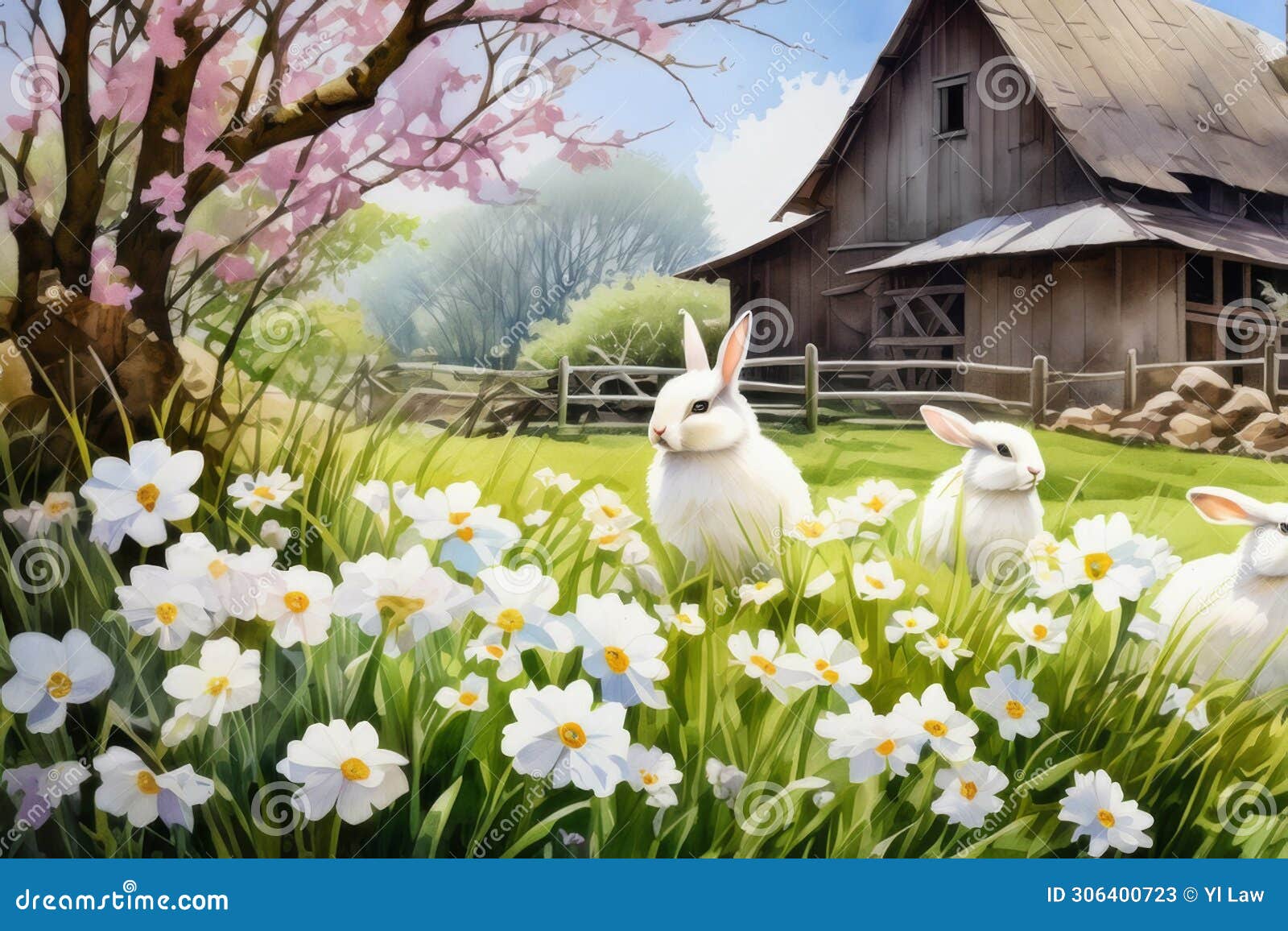 Cute Bunny and Spring Flowers. Happy Easter Concept Stock Illustration ...