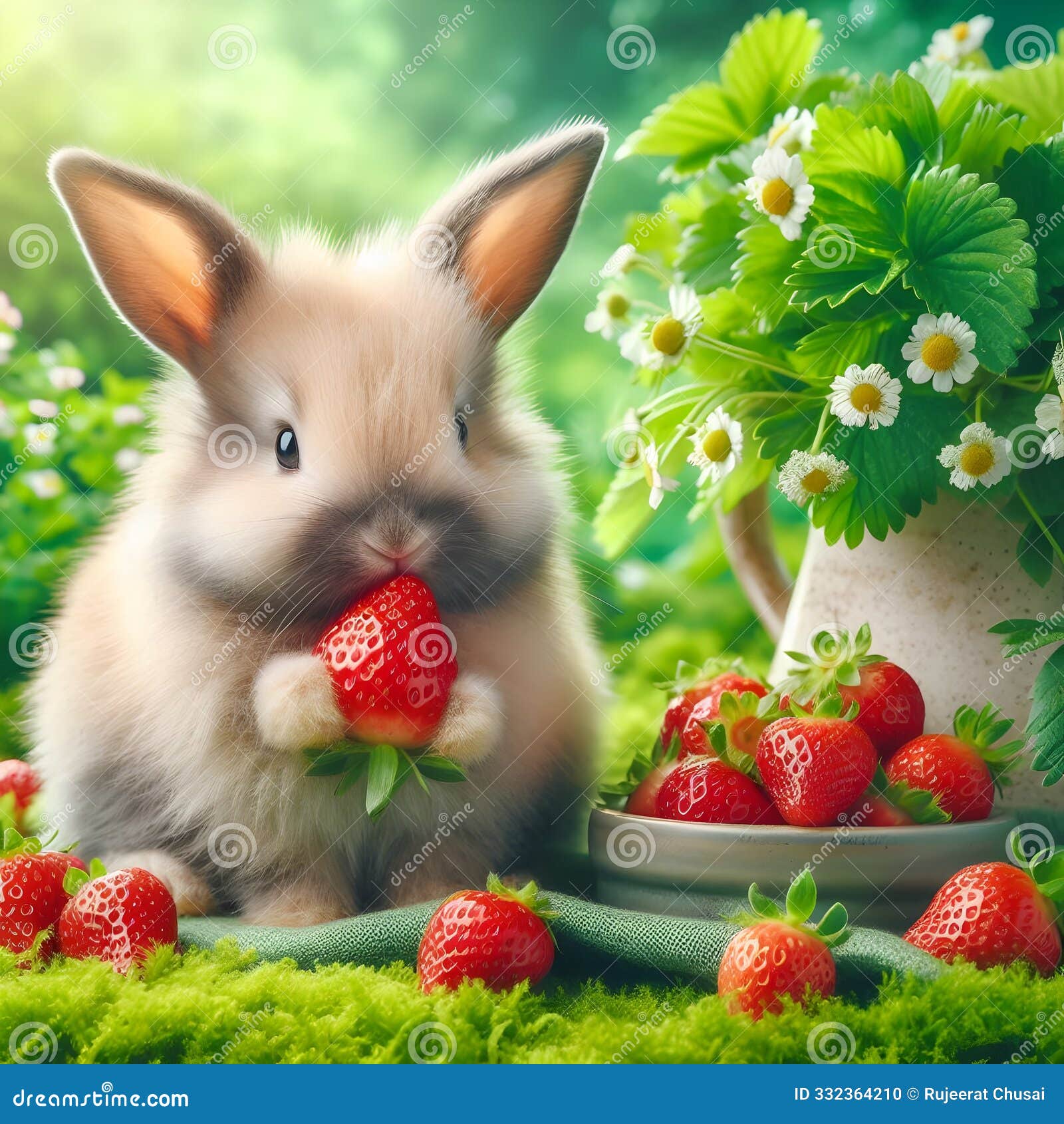 Cute Bunny with a Strawberry in a Bright Garden. Generative AI. Stock ...