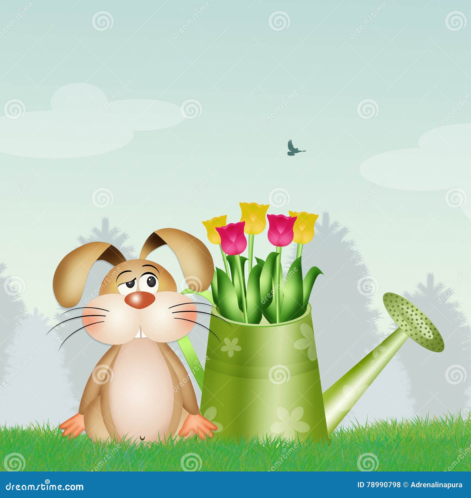 Cute bunny with tulips stock illustration. Illustration of meadow ...