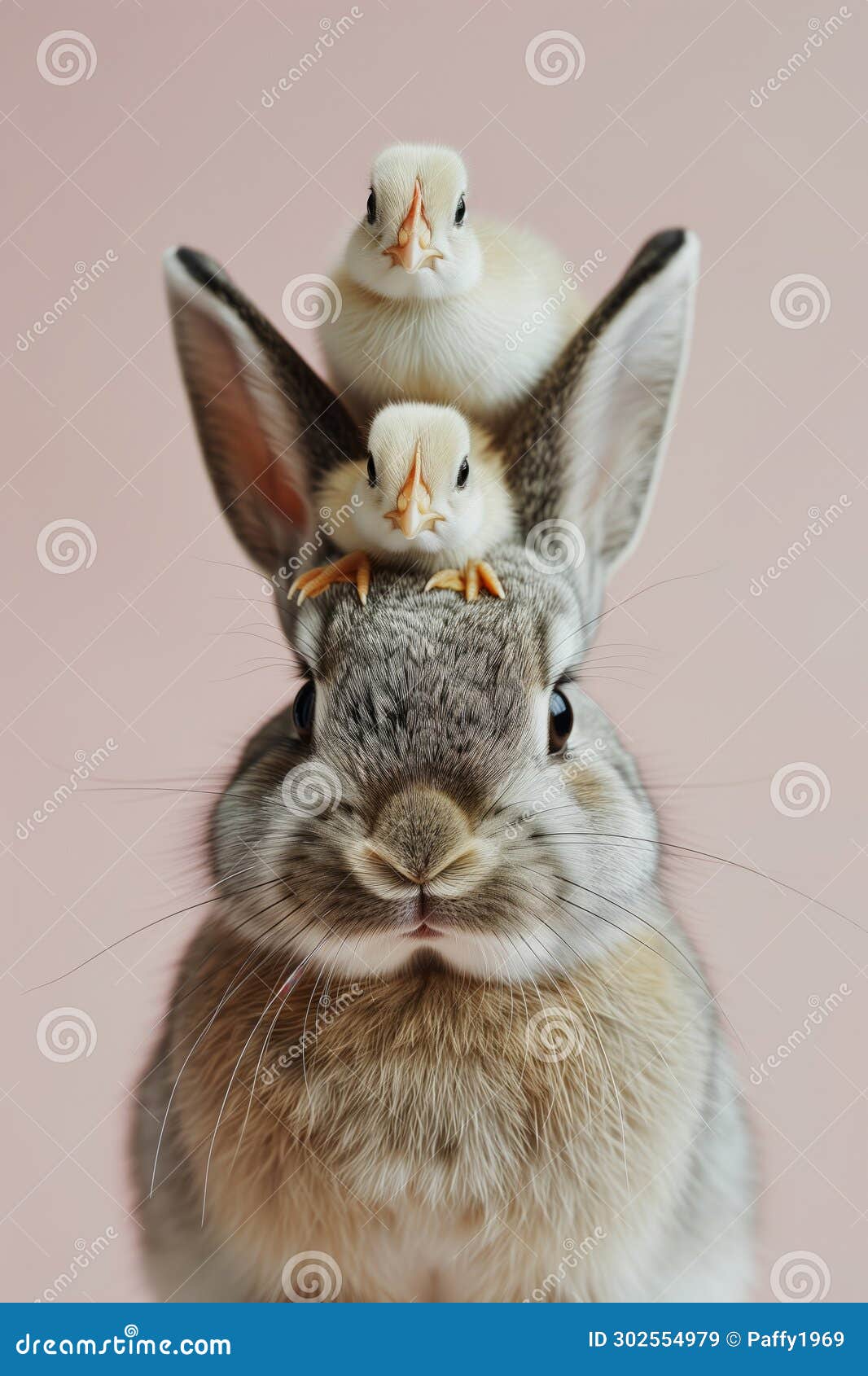 Cute Bunny with Two Chickens on Its Head, Easter Mood, on Tender Pastel ...