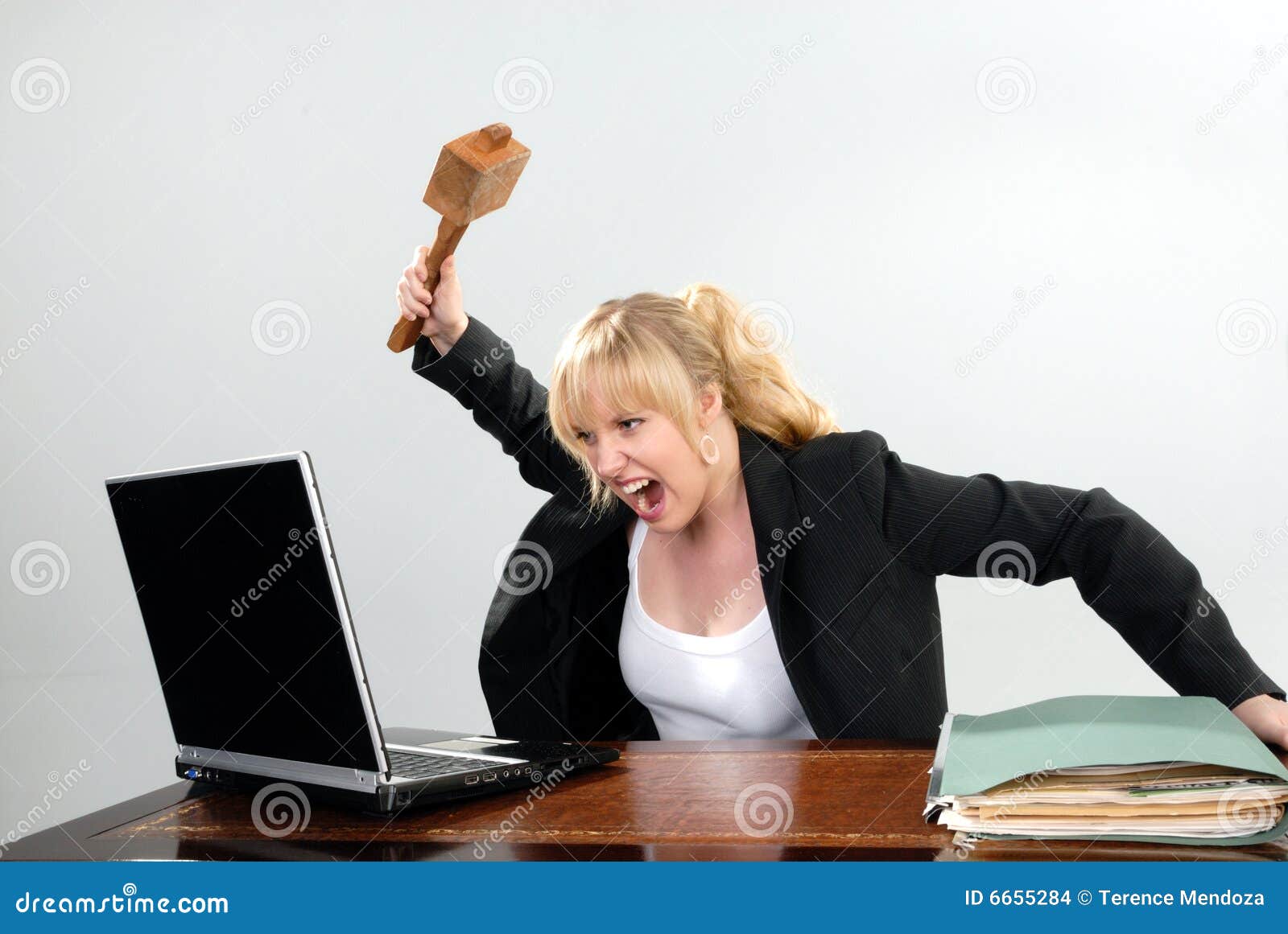 Cute Businesswoman Angry with PC Stock Photo - Image of furious, desk ...