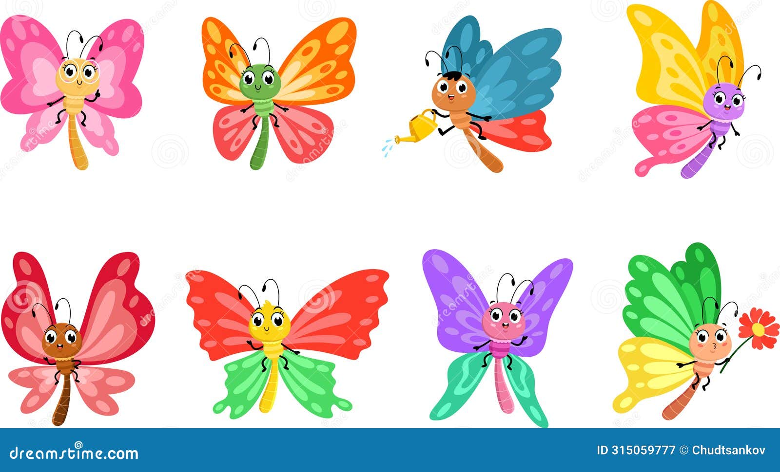 Cute Butterfly Cartoon Characters. Vector Flat Design Collection Set ...