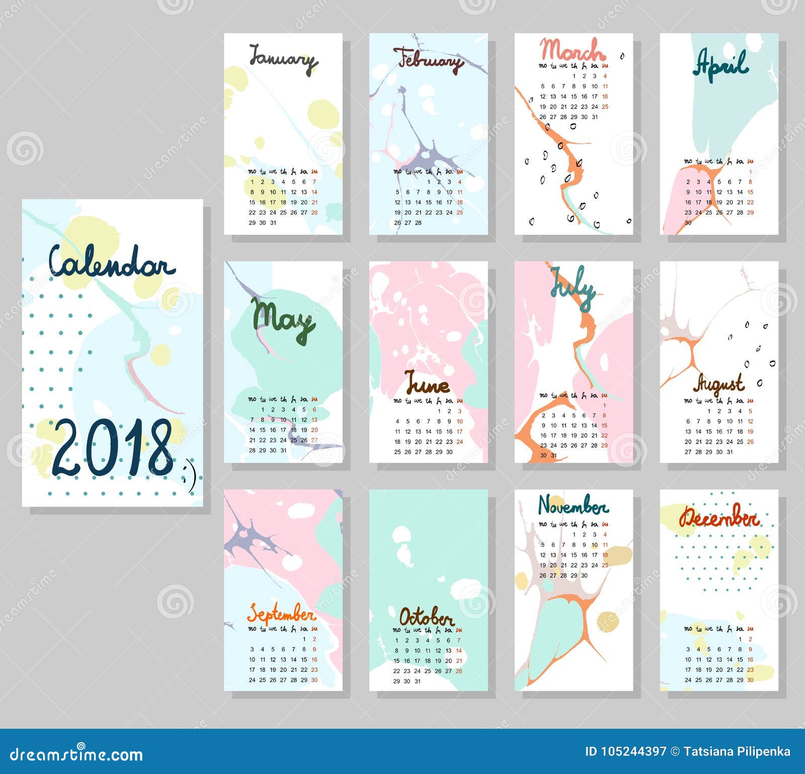 Cute Calendar 2018. stock vector. Illustration of paint - 105244397