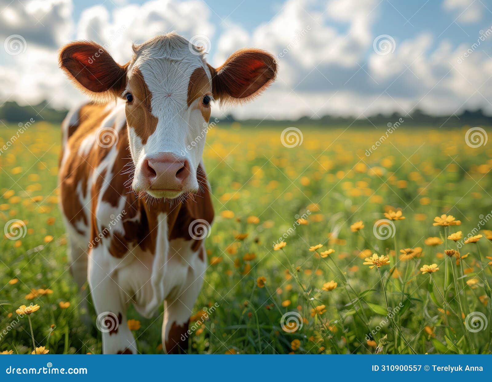 Cute Calf on the Floral Meadow Stock Image - Image of farming, brown ...