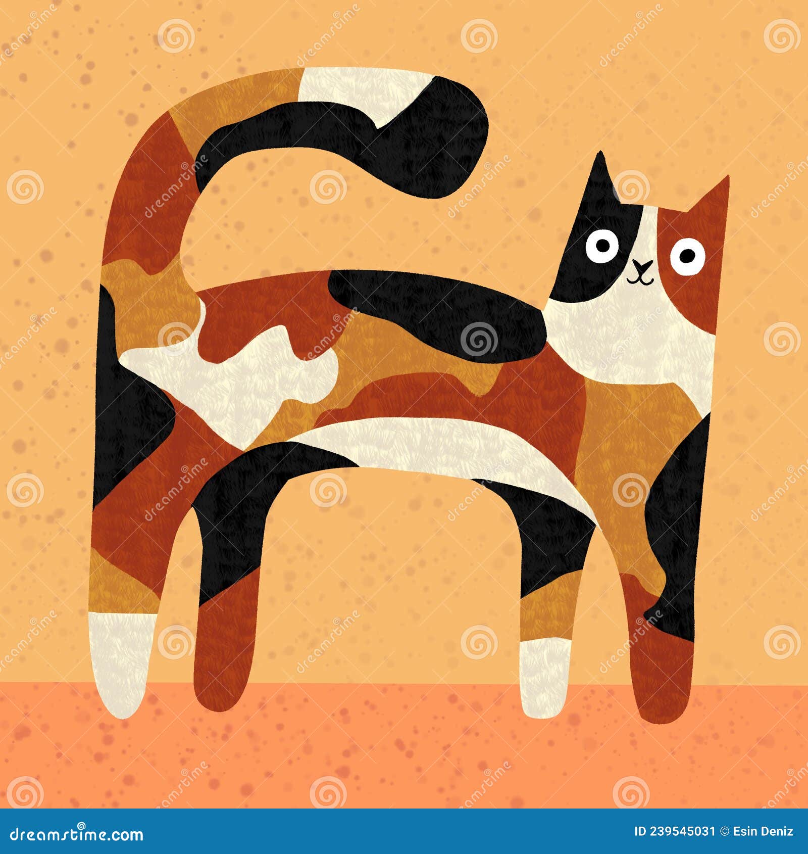 Cute Calico Cat Lay On Ground Vector Illustration Isolated On White ...