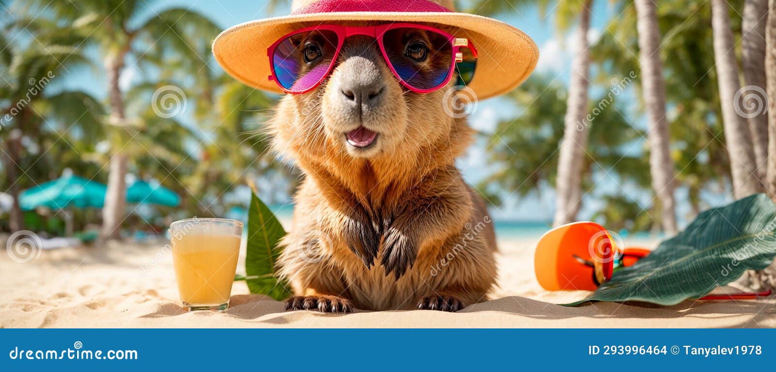 Cute capybara on the beach stock photo. Image of animal - 293996464