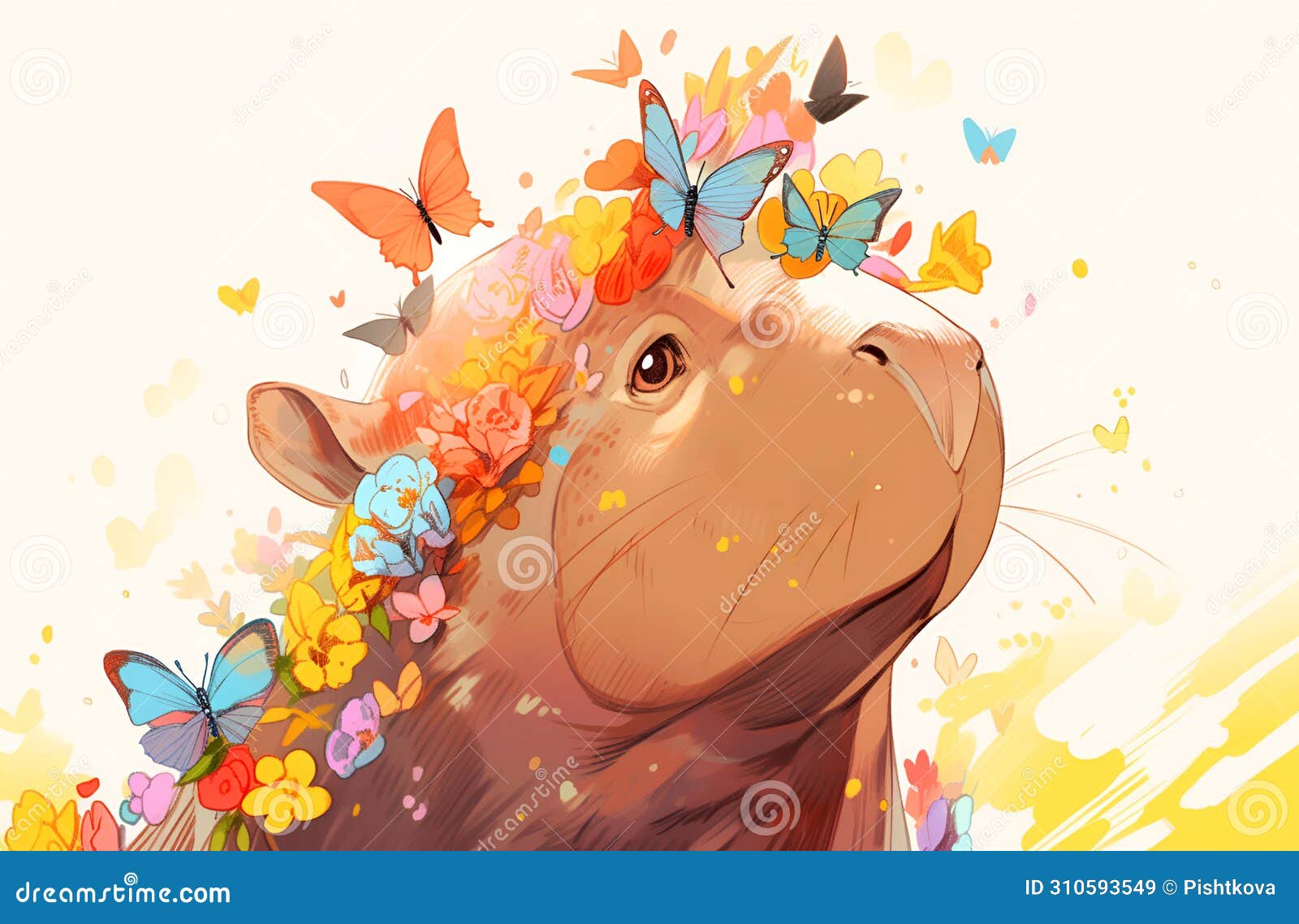 Cute Capybara with Butterflies in Anime Style Stock Illustration ...