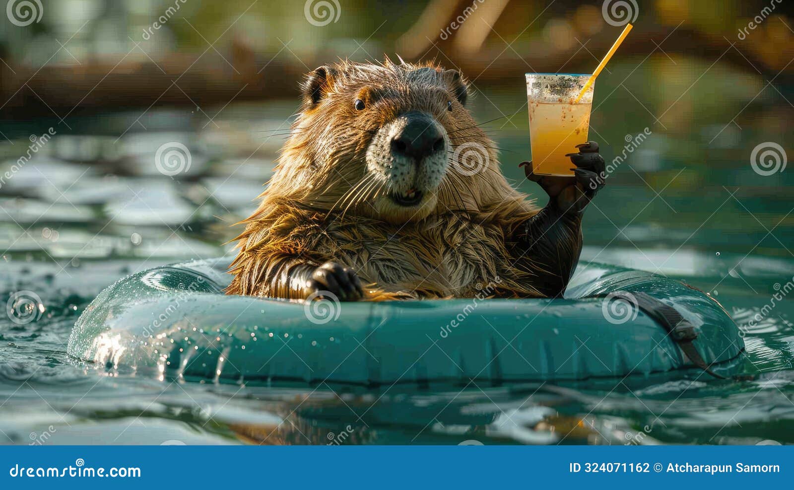 A Cute Capybara is in a Pool with a Straw in a Cup Stock Photo - Image ...