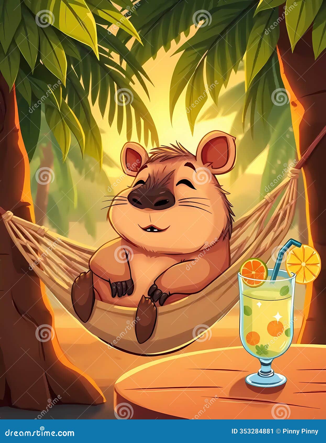 A Cute Capybara Sleeping on a Hammock, Under the Trees at Sunset, with ...