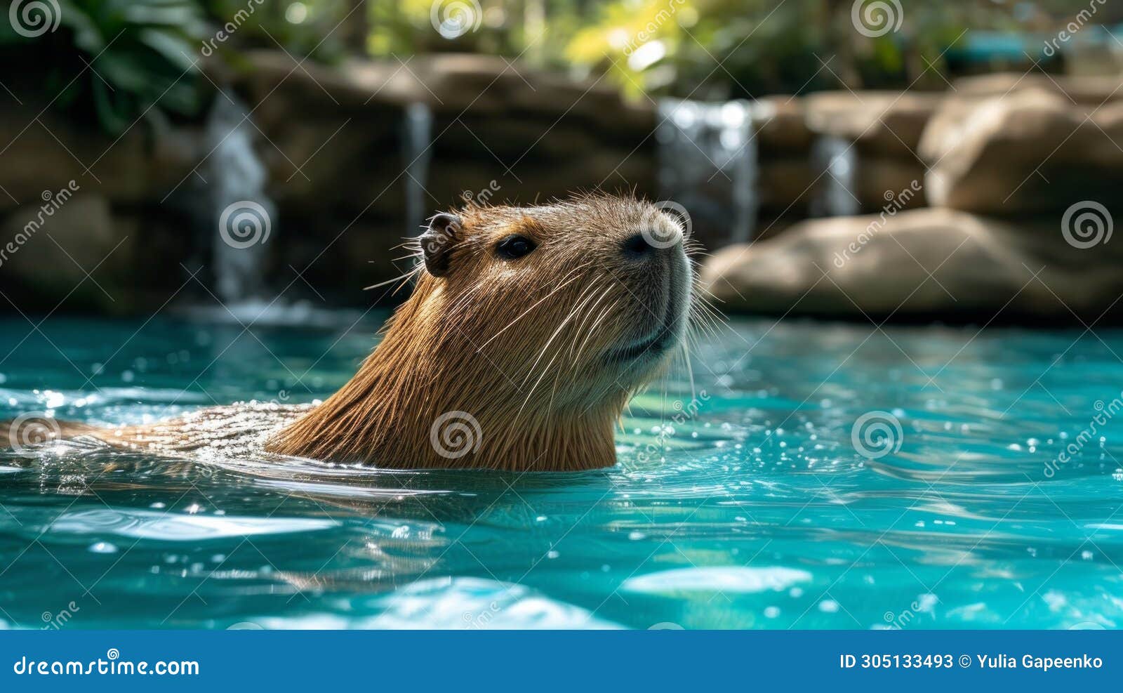 Cute Capybara Swims in the Pool Against the Backdrop of the Summer ...