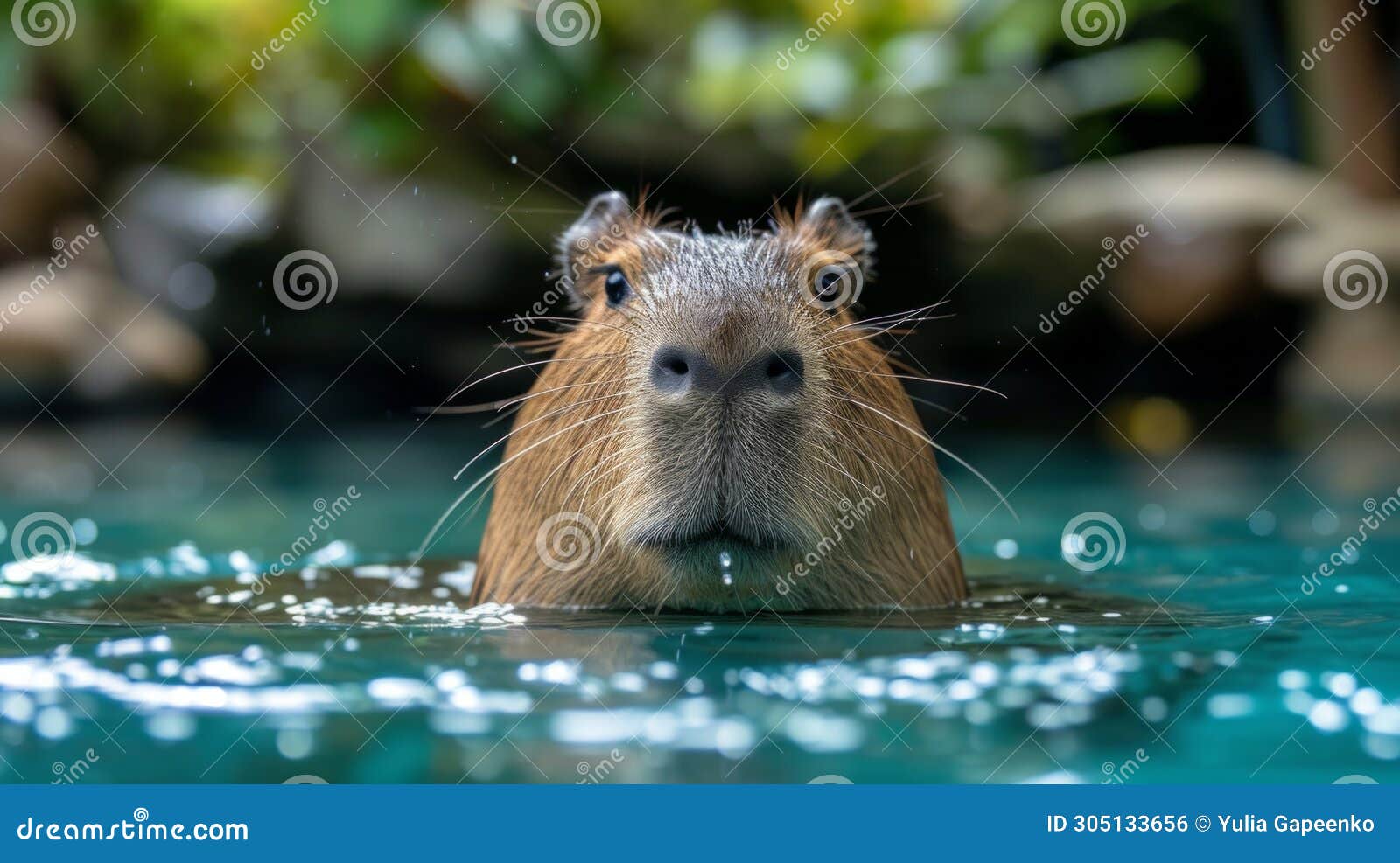 Cute Capybara Swims in the Pool Against the Backdrop of the Summer ...