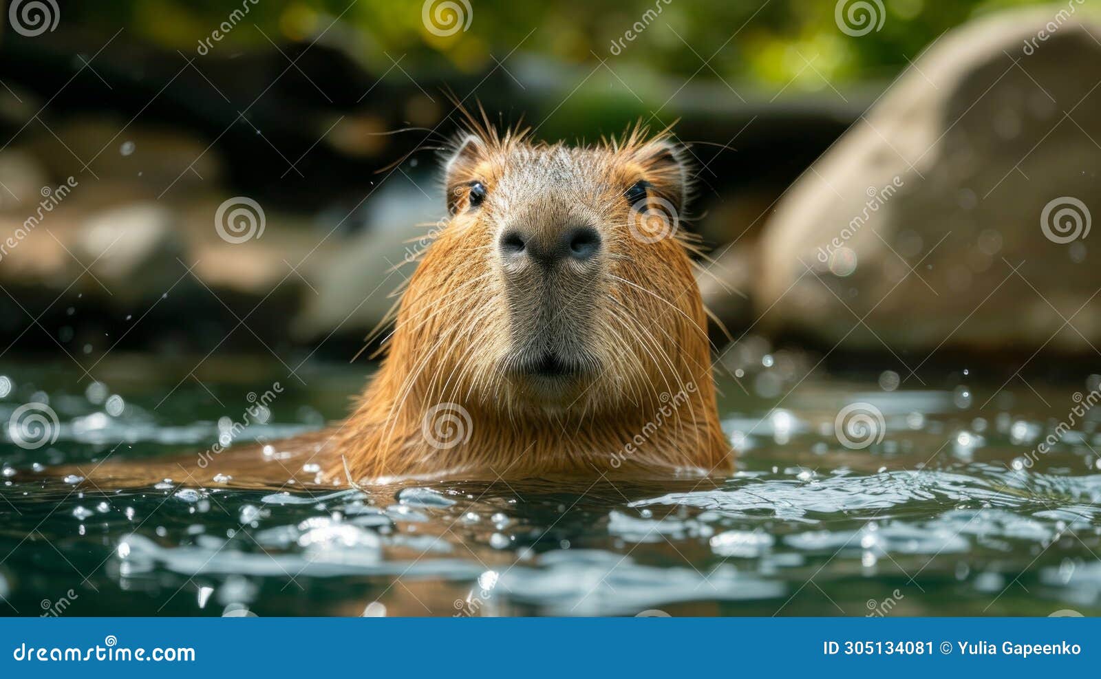 Cute Capybara Swims in the Pool Against the Backdrop of the Summer ...