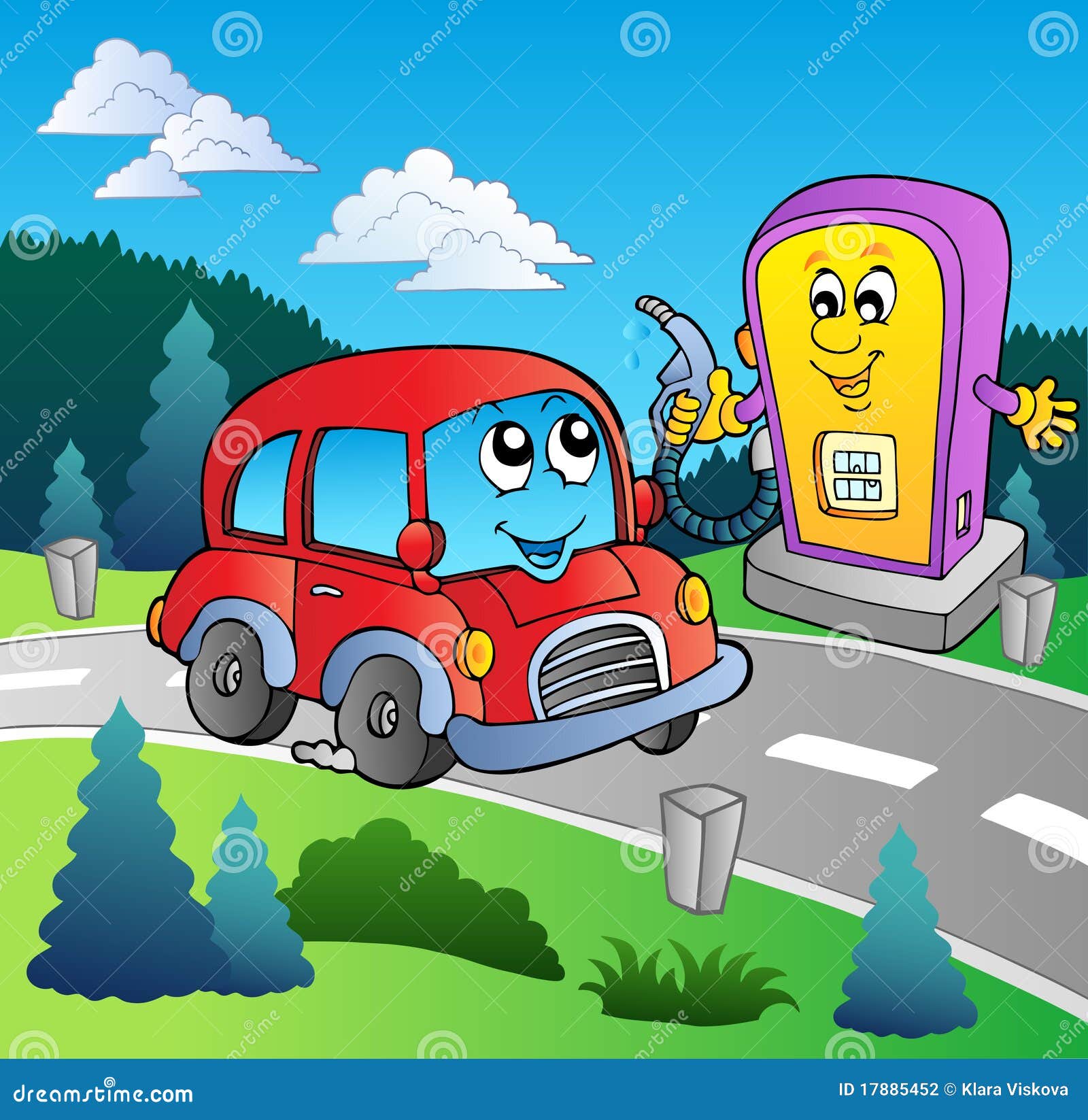 Cute Car at Cartoon Gas Station Stock Vector - Illustration of road ...