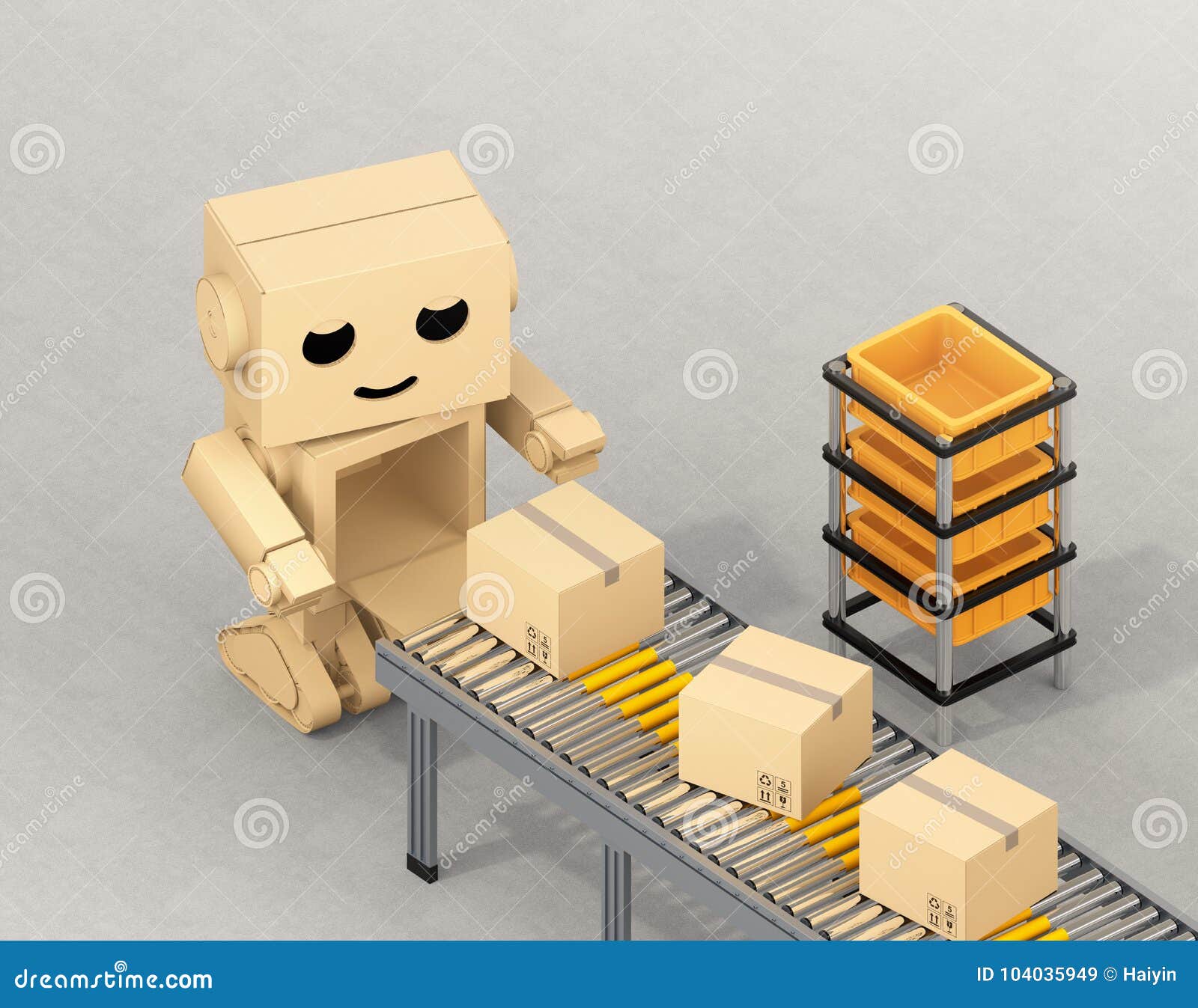 Cute Cardboard Robot Picking Up Cardboard Parcel From Conveyor Belt ...