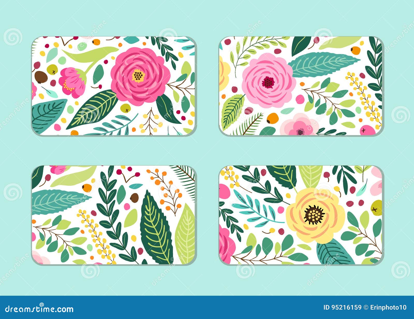 Cute Cards Set with Rustic Hand Drawn Spring Floral Patterns Stock ...