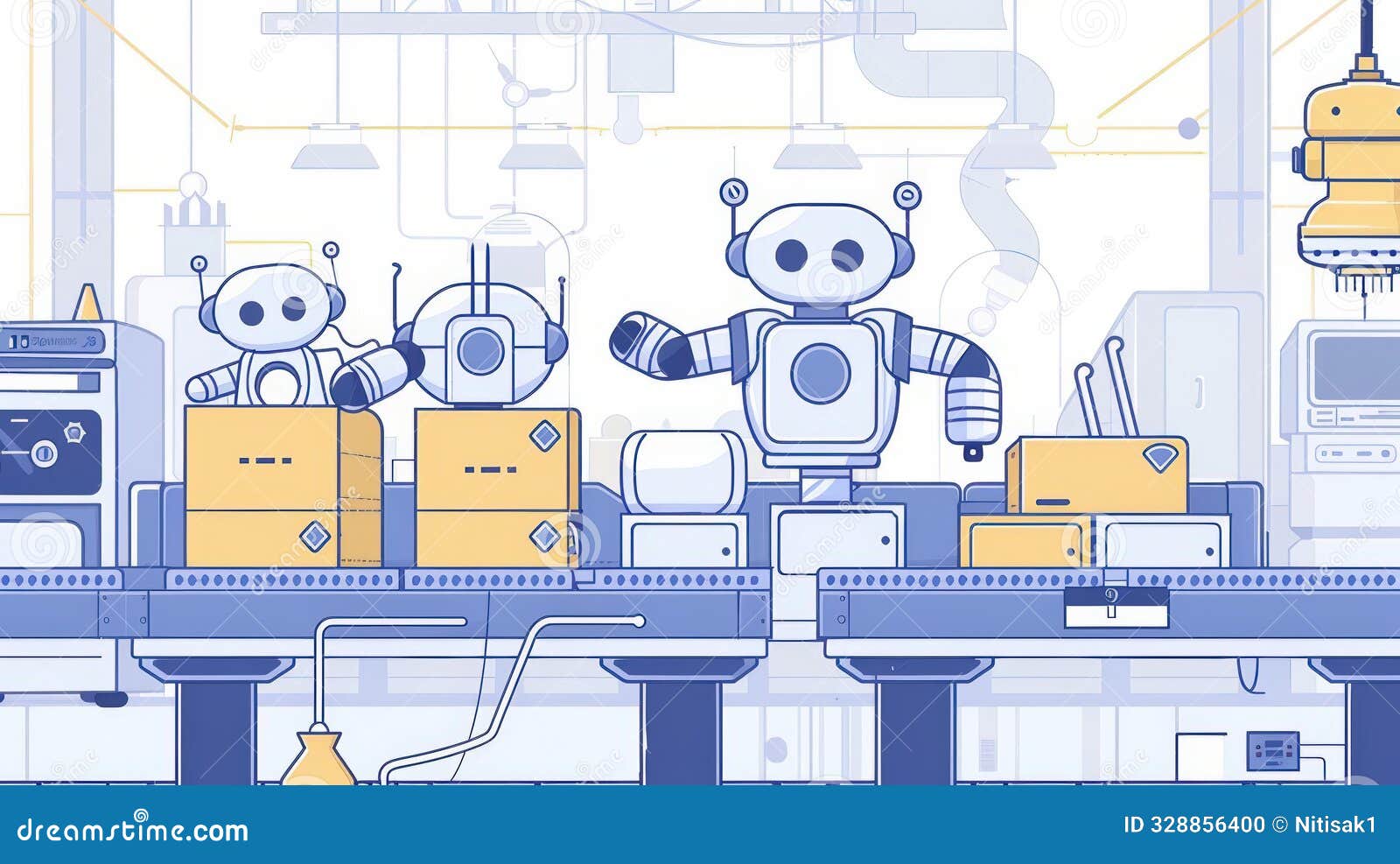 A Cute Cartoon of AI Robots Optimizing Production in a Factory Stock ...