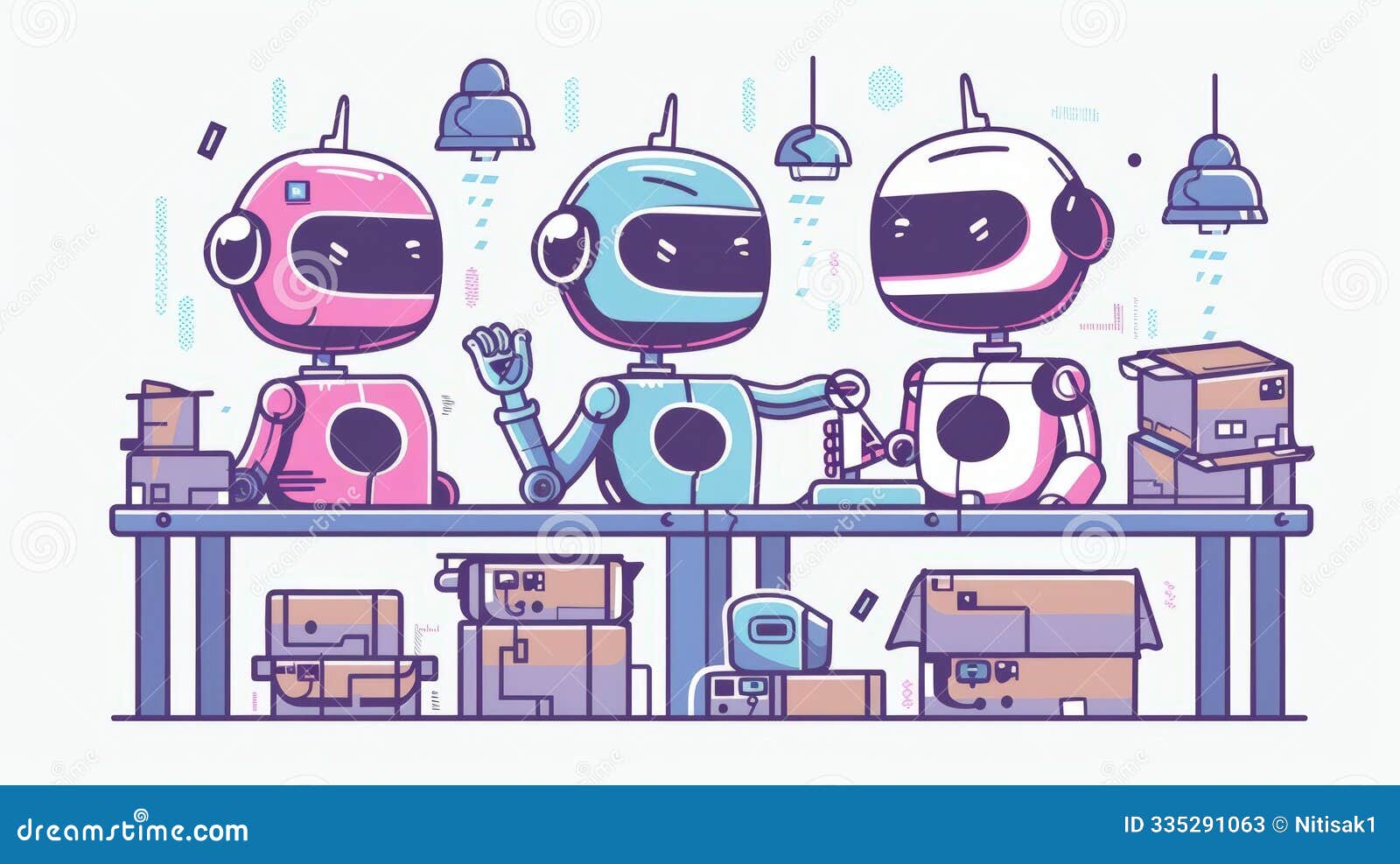 A Cute Cartoon of AI Robots Optimizing Production in a Factory Stock ...