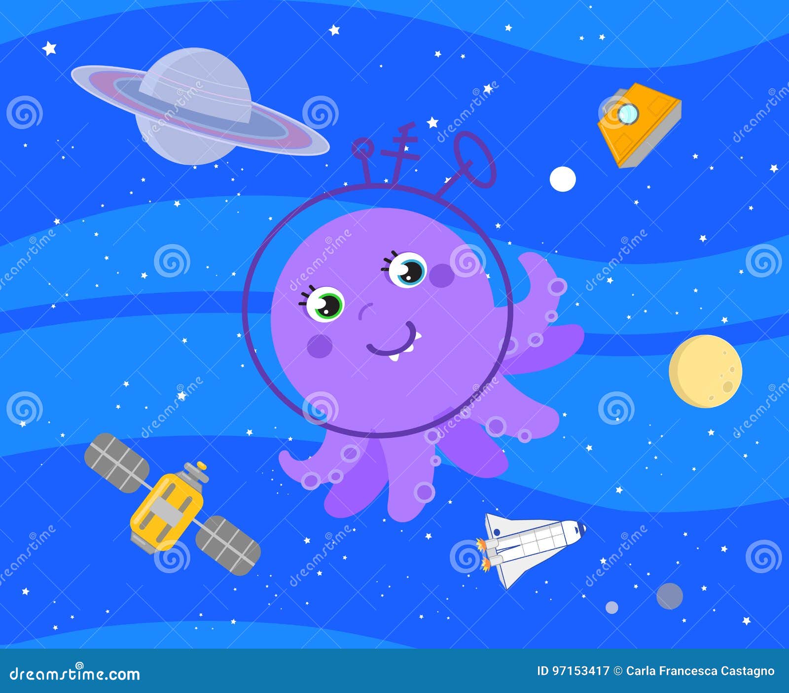 Cute Cartoon Alien in Outer Space Vector Stock Vector - Illustration of ...