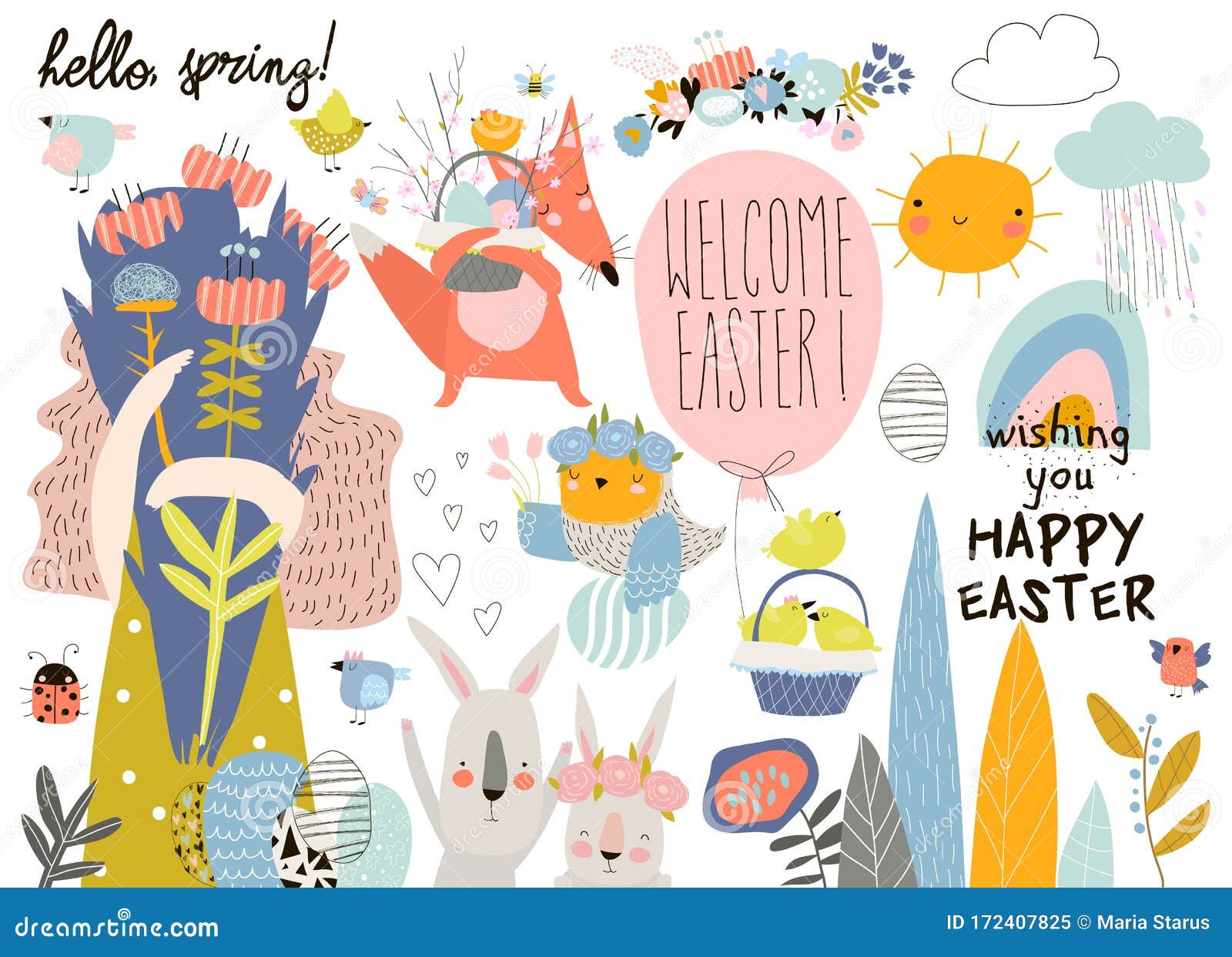 Cute Cartoon Animals with Easter Theme. Happy Easter Stock Vector ...