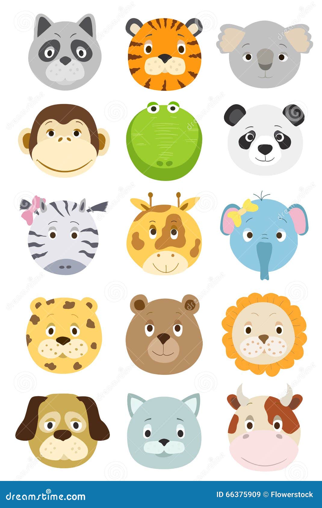 Cute Cartoon Animals Faces Set Stock Vector - Illustration of isolated ...