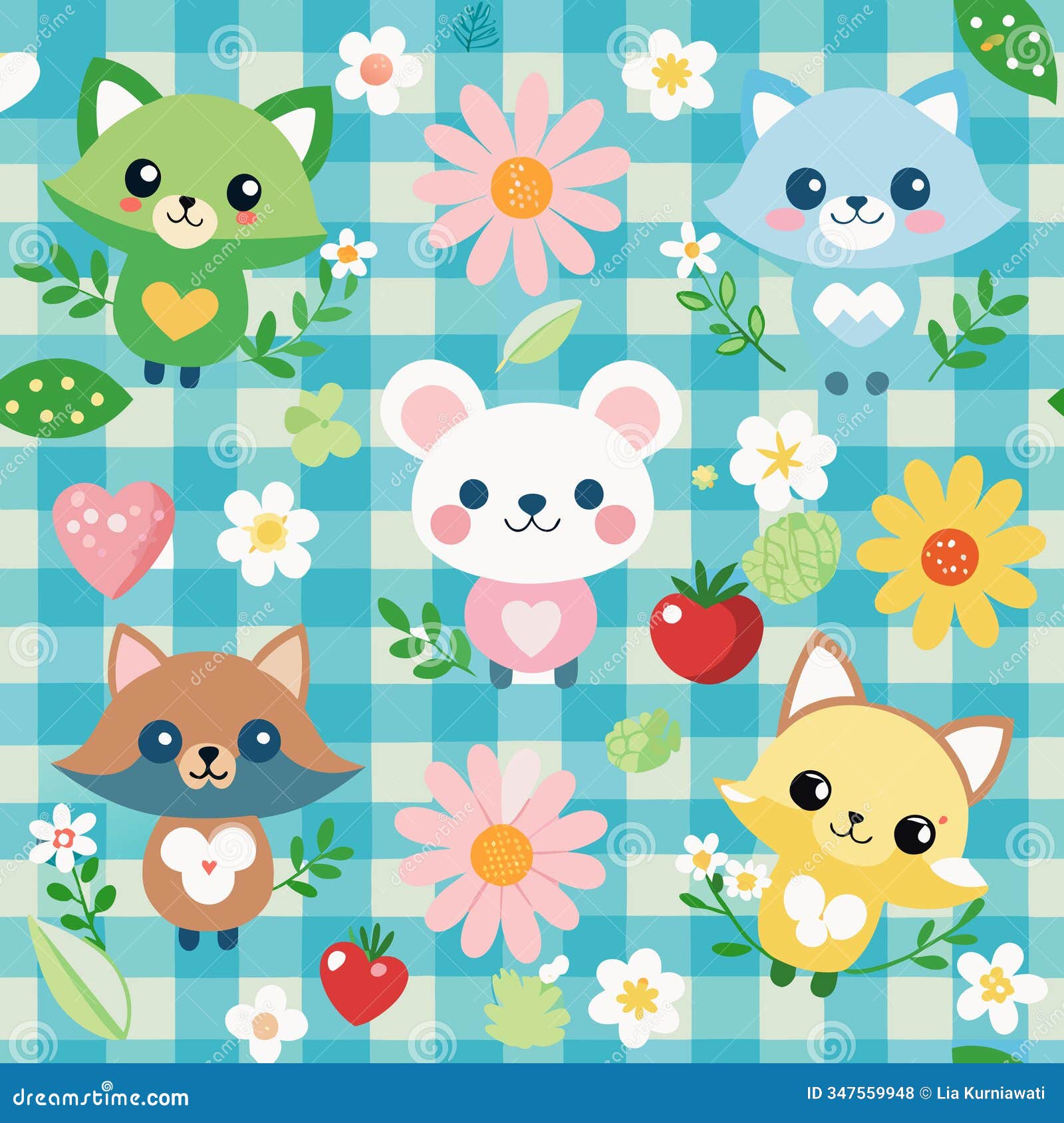 Cute Cartoon Animals and Flowers on a Blue Gingham Background Stock ...