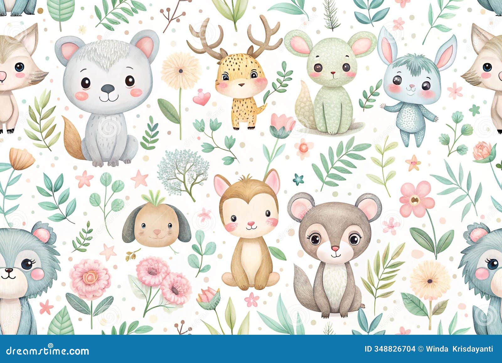 Cute Cartoon Animals and Flowers Seamless Pattern Stock Illustration ...