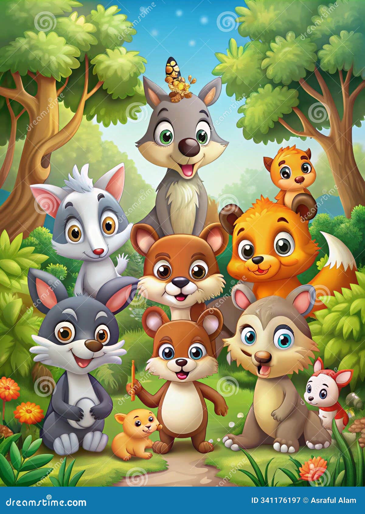 Cute Cartoon Animals in a Forest Setting Stock Illustration ...