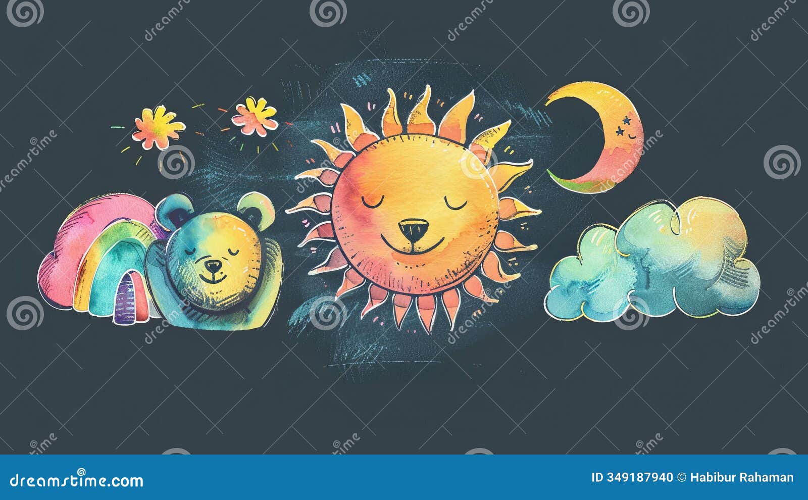 Cute Cartoon Animals with Sun and Clouds Hand Drawn Illustration Stock ...