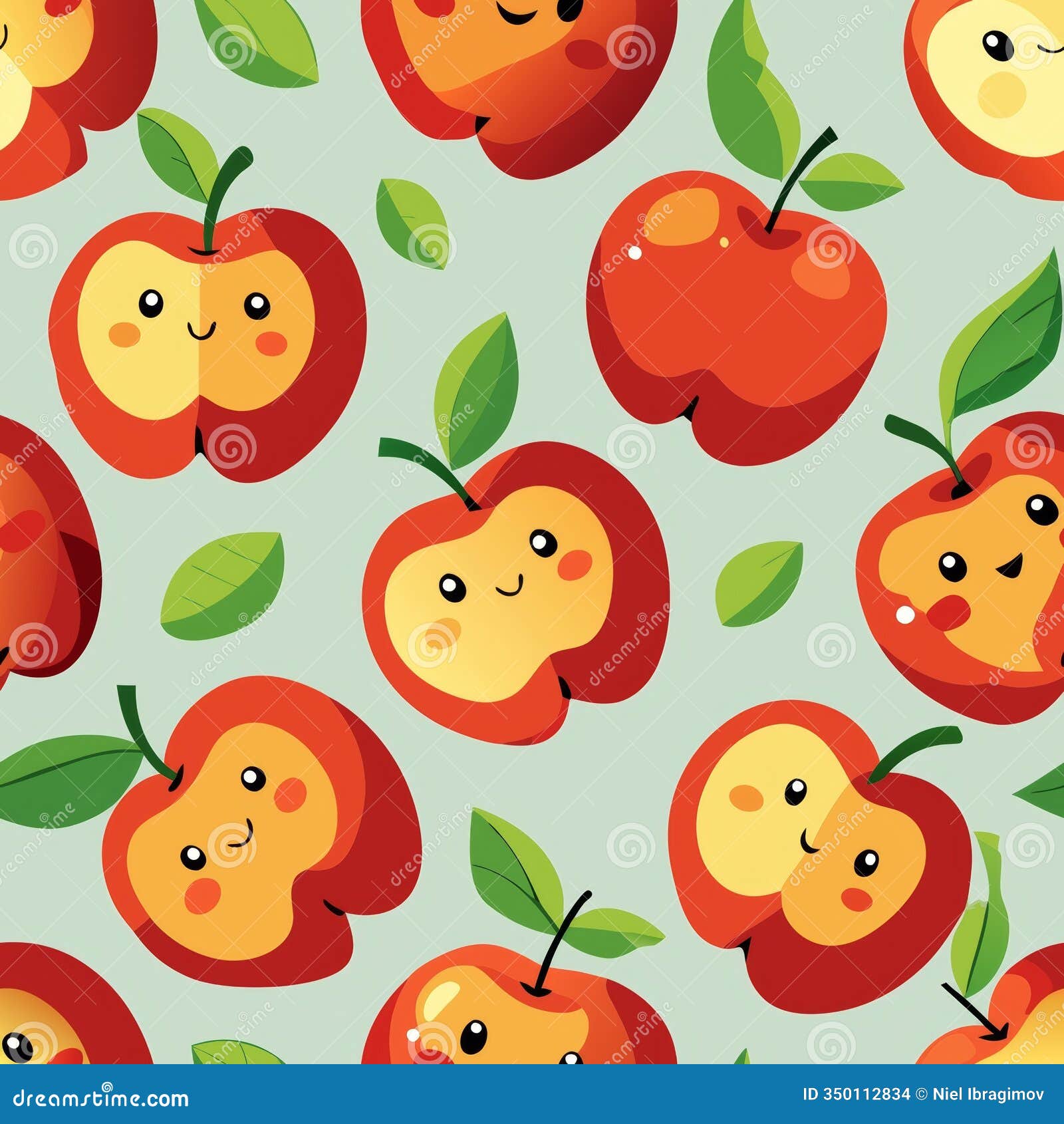 Cute Cartoon Apples with Smiling Faces Seamless Pattern on Green ...